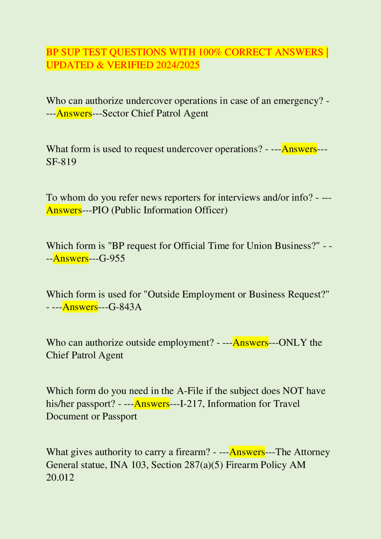 BP SUP TEST QUESTIONS WITH 100% CORRECT ANSWERS | UPDATED & VERIFIED ...