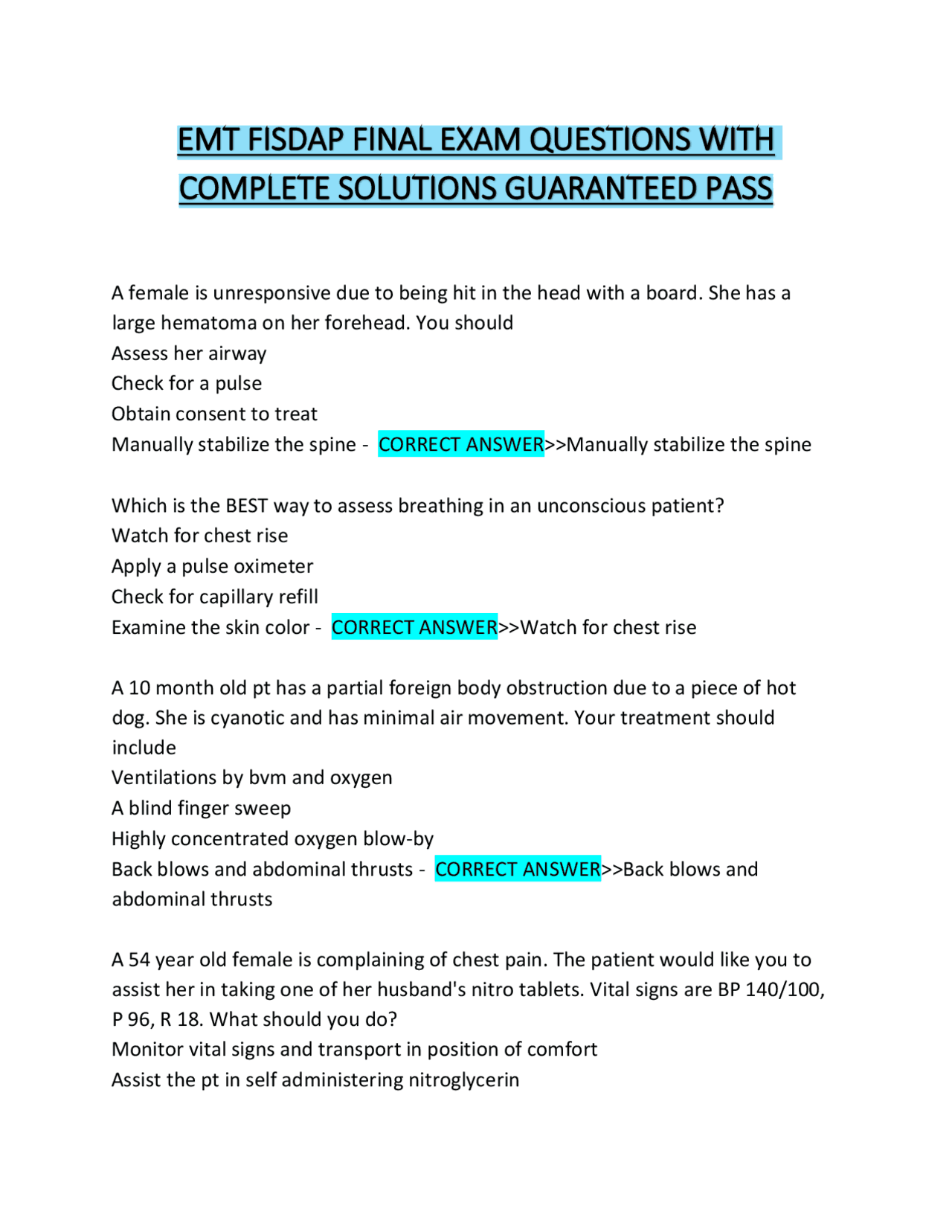 EMT_FISDAP_III_FINAL_EXAM_QUESTIONS_WITH_COMPLETE_SOLUTIONS_GUARANTEED. | Exams Nursing | Docsity