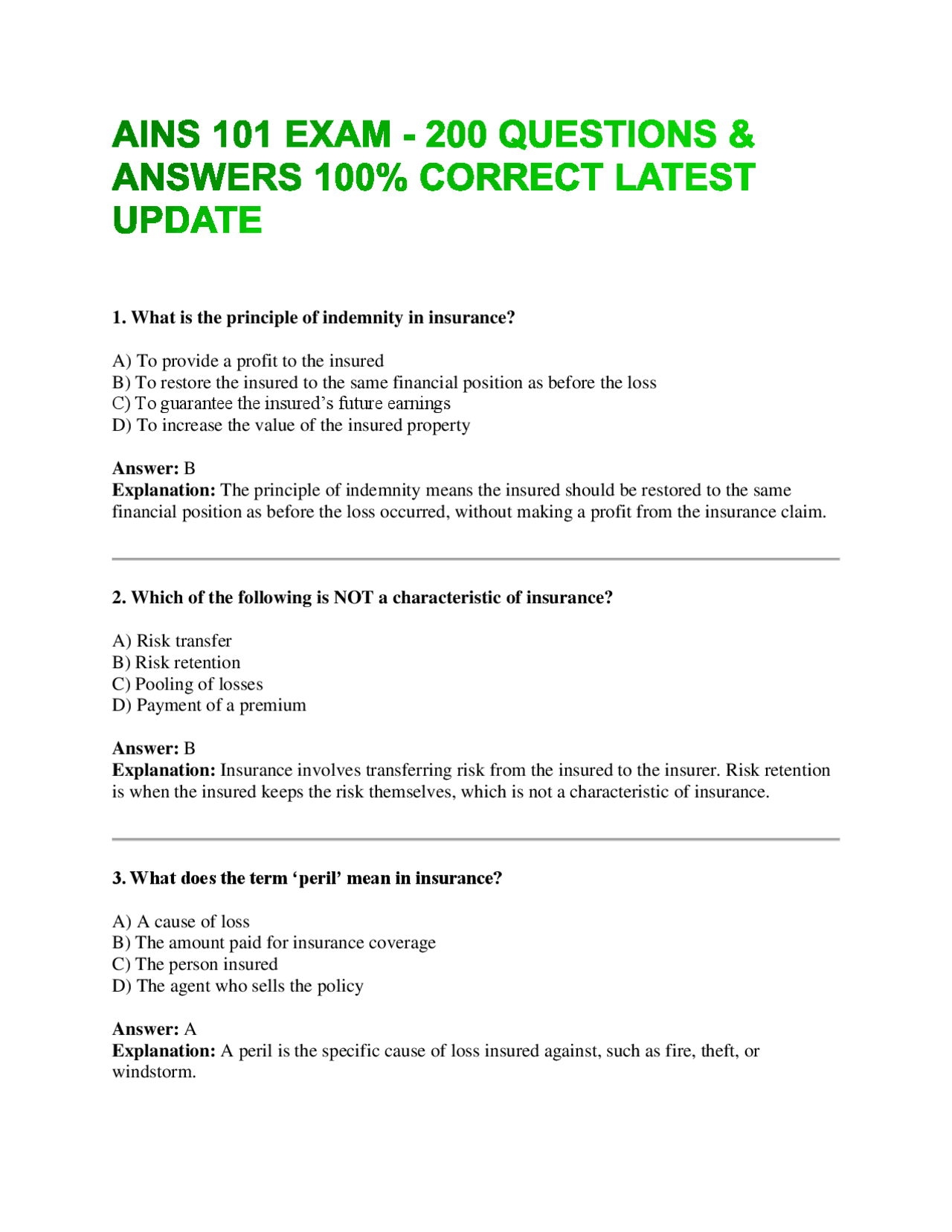 AINS 101 EXAM - 200 QUESTIONS & ANSWERS 100% CORRECT LATEST UPDATE ...