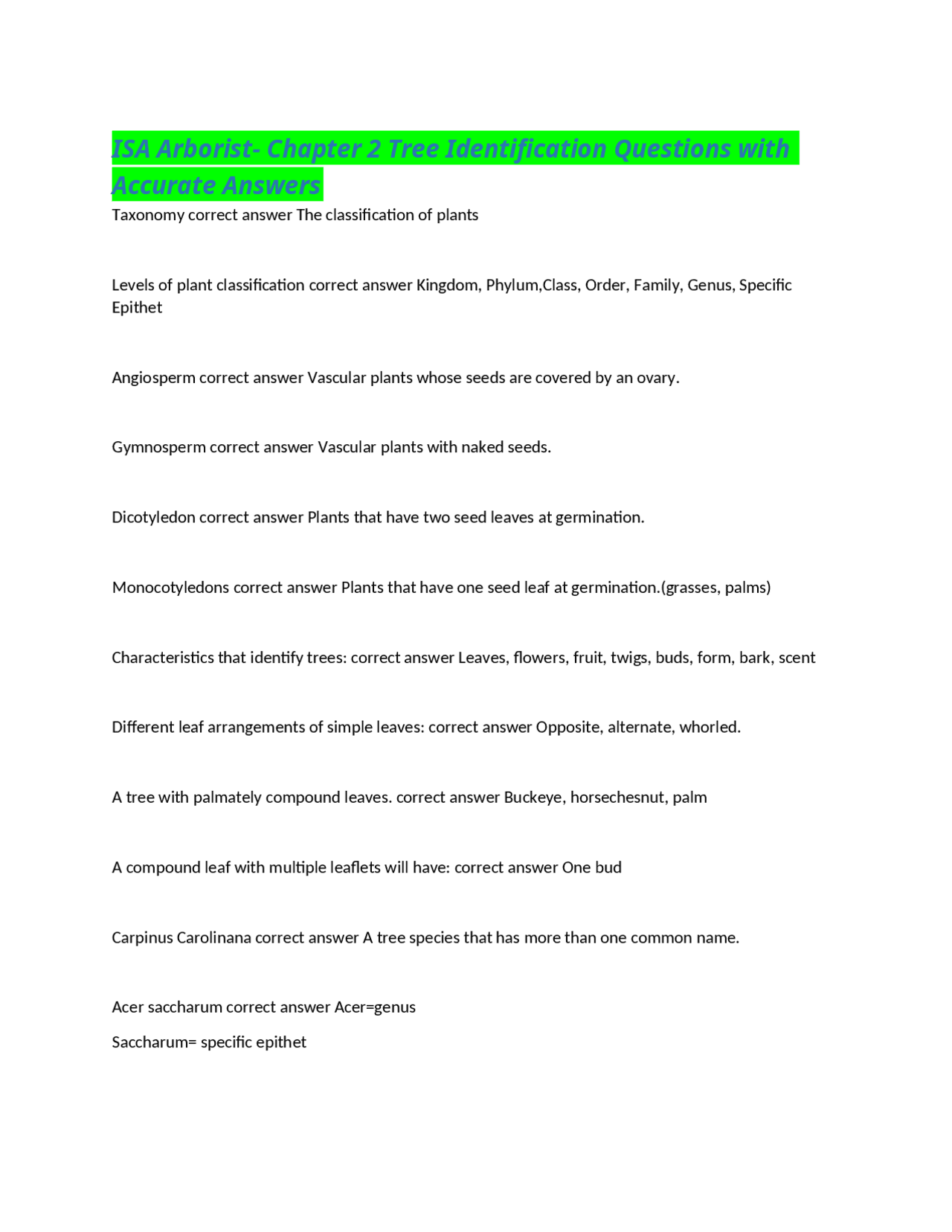 ISA Arborist- Chapter 2 Tree Identification Questions with Accurate ...