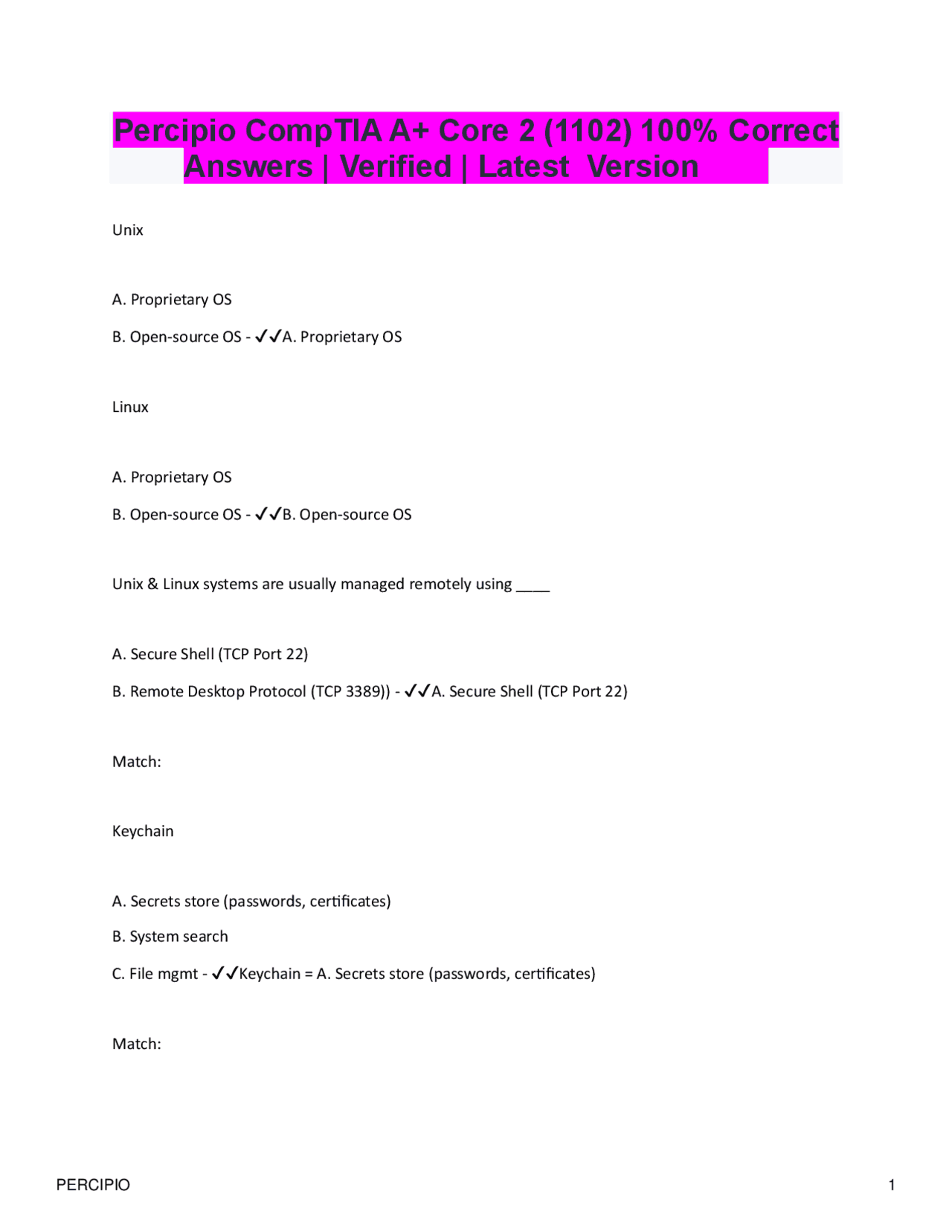 Percipio CompTIA A+ Core 2 (1102) Exam | 100% Correct Answers ...