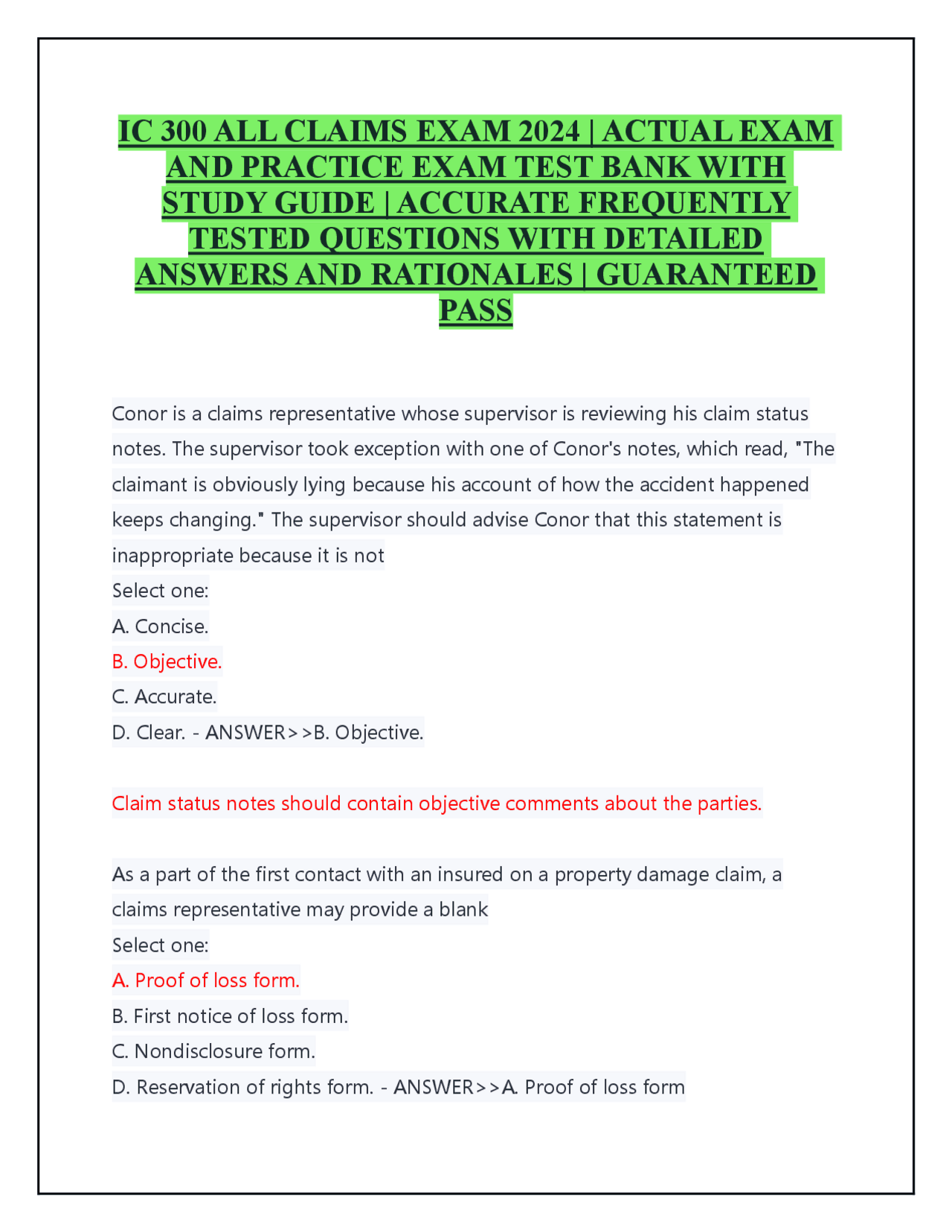 IC 300 ALL CLAIMS EXAM 2024 | ACTUAL EXAM AND PRACTICE EXAM TEST BANK ...
