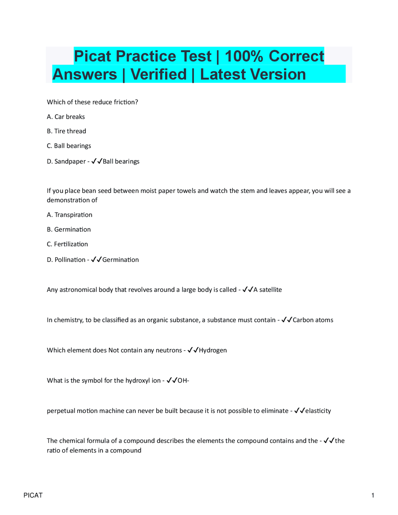 Picat Practice Test | 100% Correct Answers | Verified | Latest Version ...