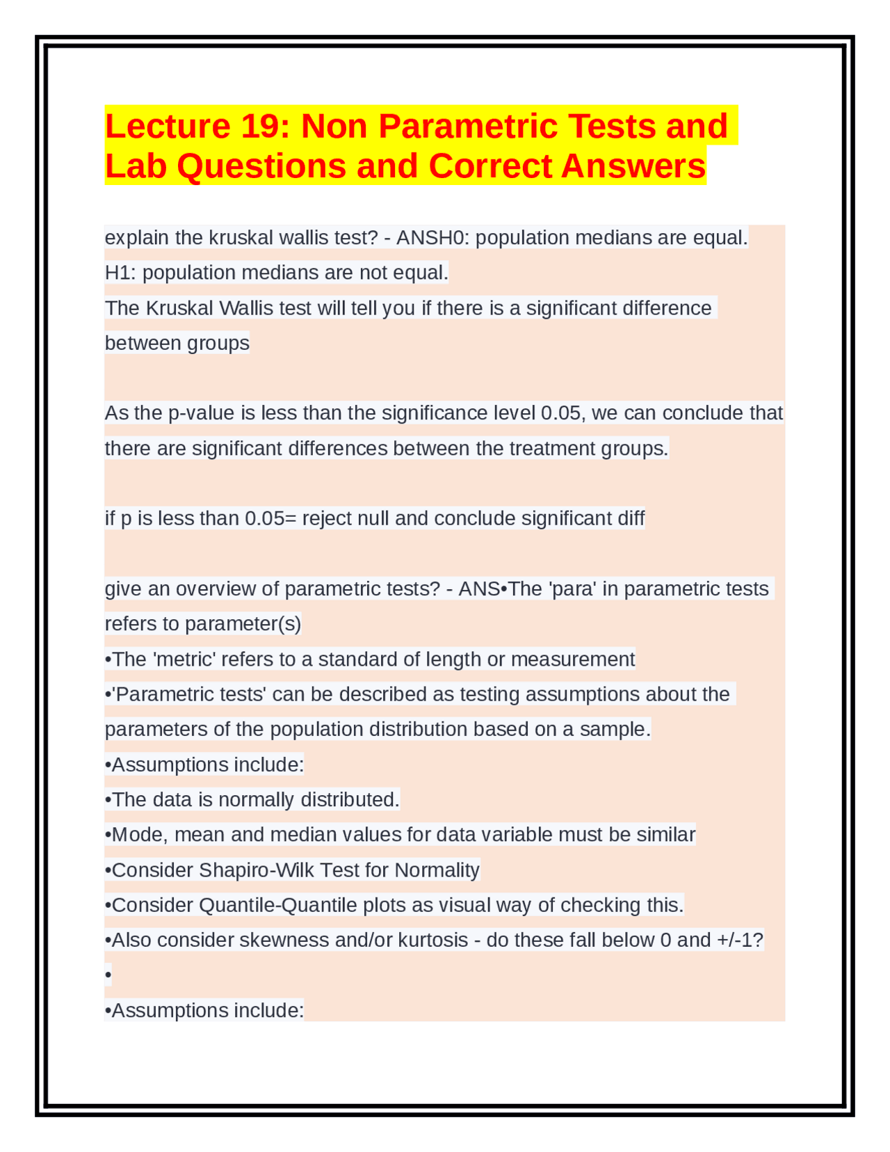 Lecture 19: Non Parametric Tests and Lab Questions and Correct Answers ...