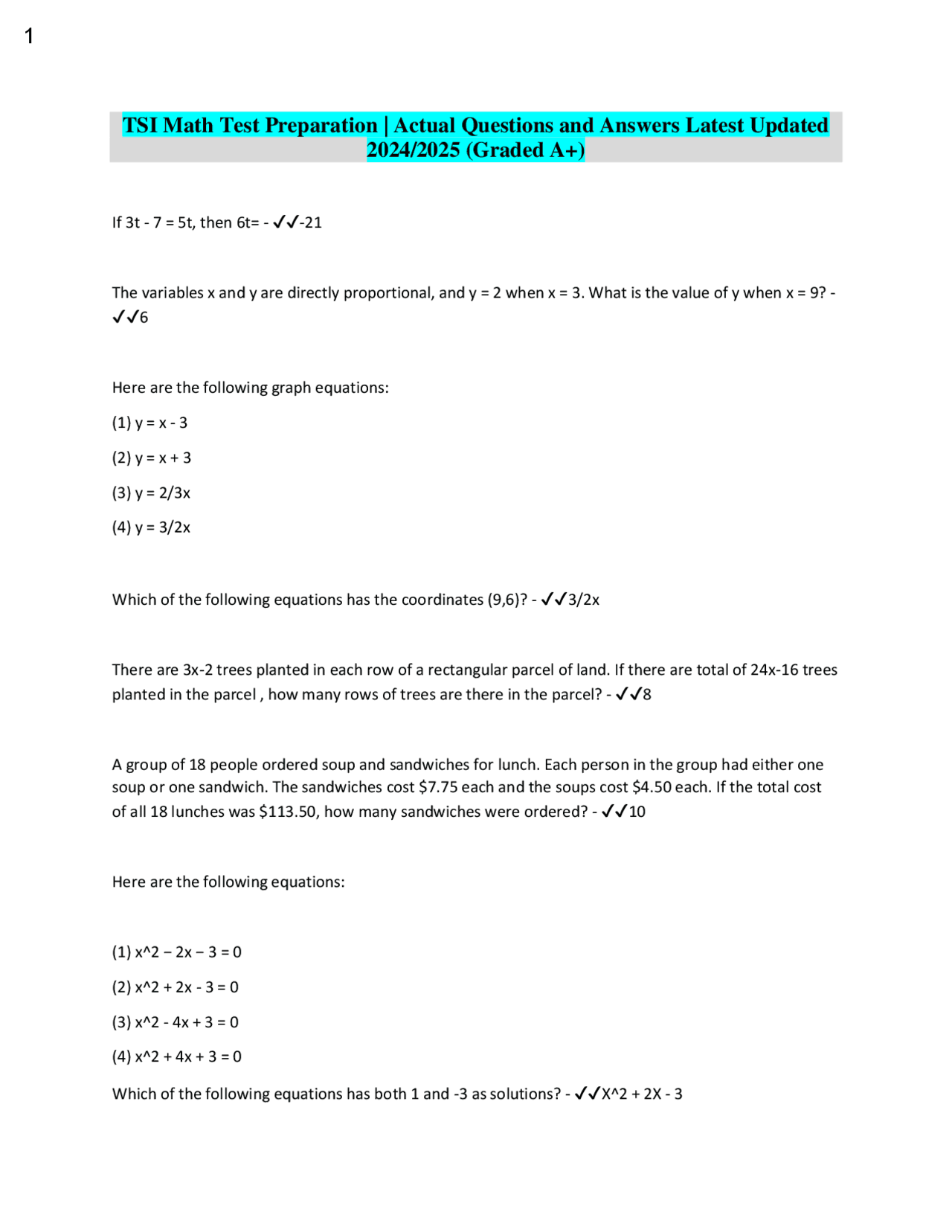 TSI Math Test Preparation | Actual Questions and Answers Latest Updated ...