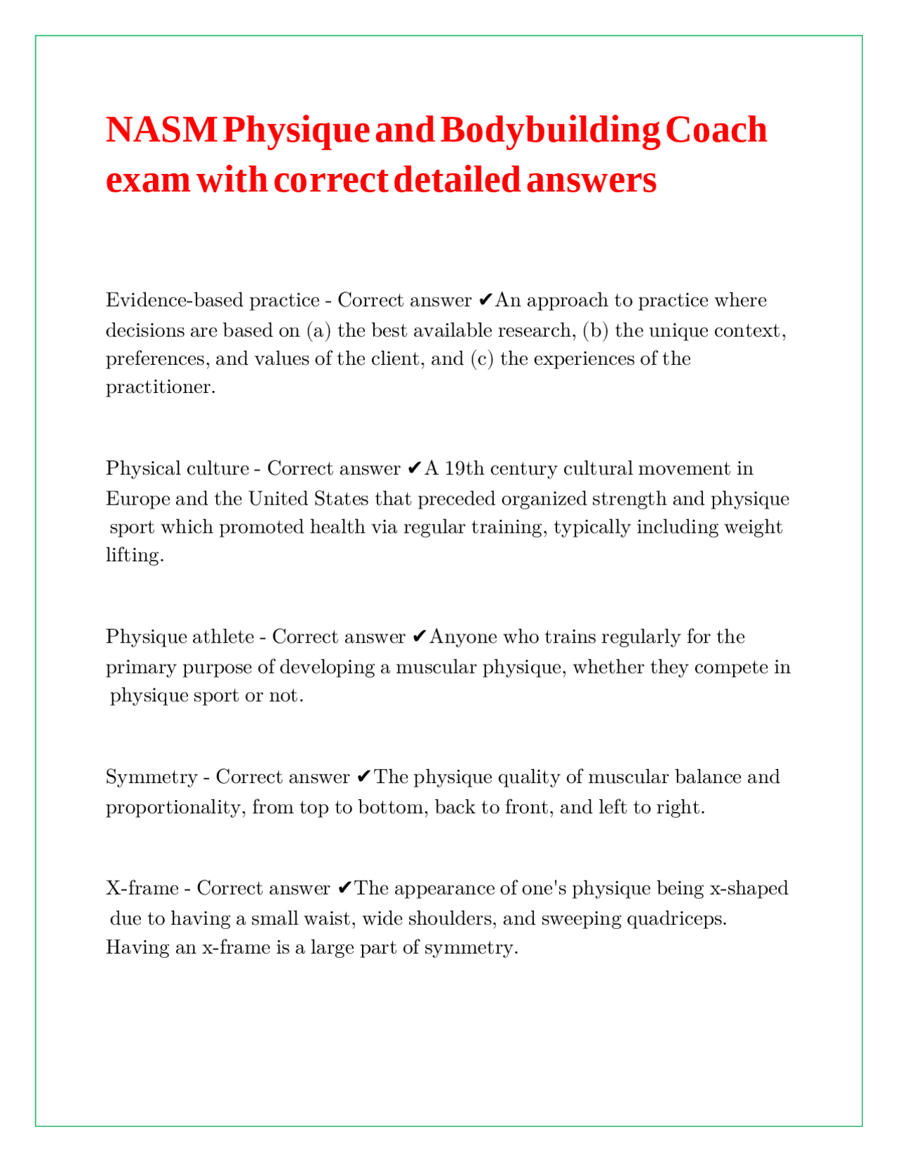 NASM Physique and Bodybuilding Coach exam with correct detailed answers | Exams Nursing | Docsity