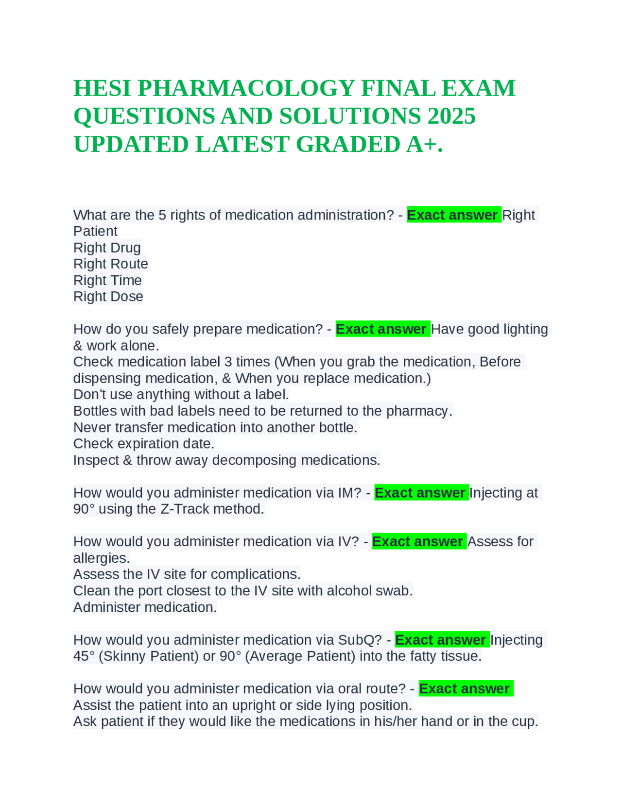 Pharmacology Exam Questions and Solutions: Medication Administration ...