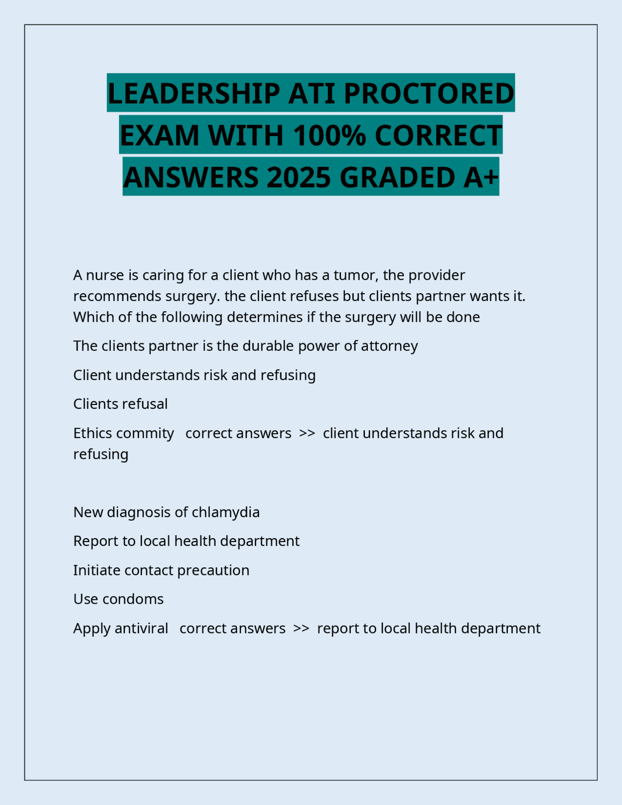 LEADERSHIP ATI PROCTORED EXAM WITH 100% CORRECT ANSWERS 2025 GRADED A+ ...