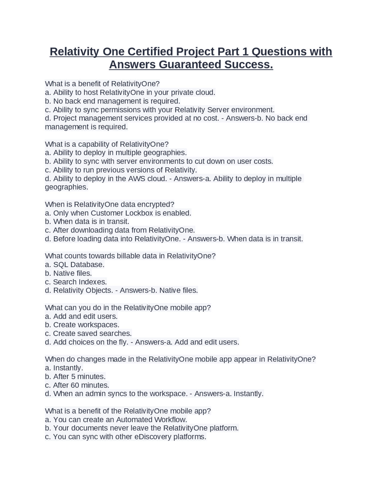 Relativity One Certified Project Part 1 Questions with Answers ...