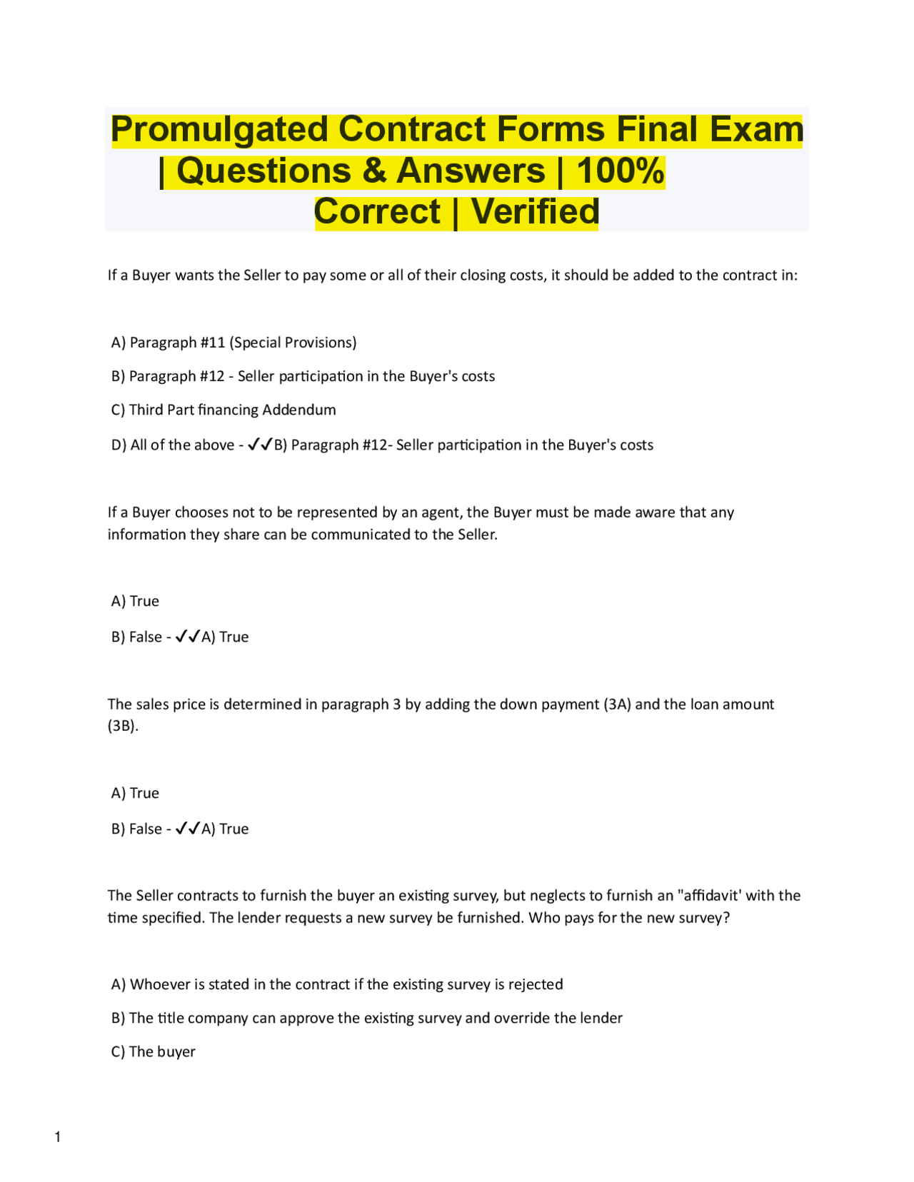Promulgated Contract Forms Final Exam | 100% Correct Q&A | Verified ...