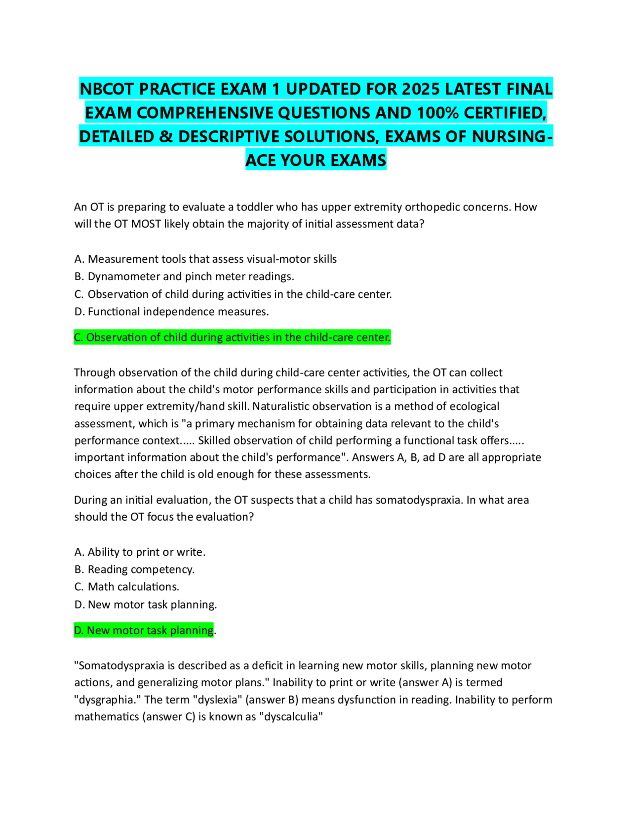 NBCOT PRACTICE EXAM 1 UPDATED FOR 2025 LATEST FINAL EXAM COMPREHENSIVE ...