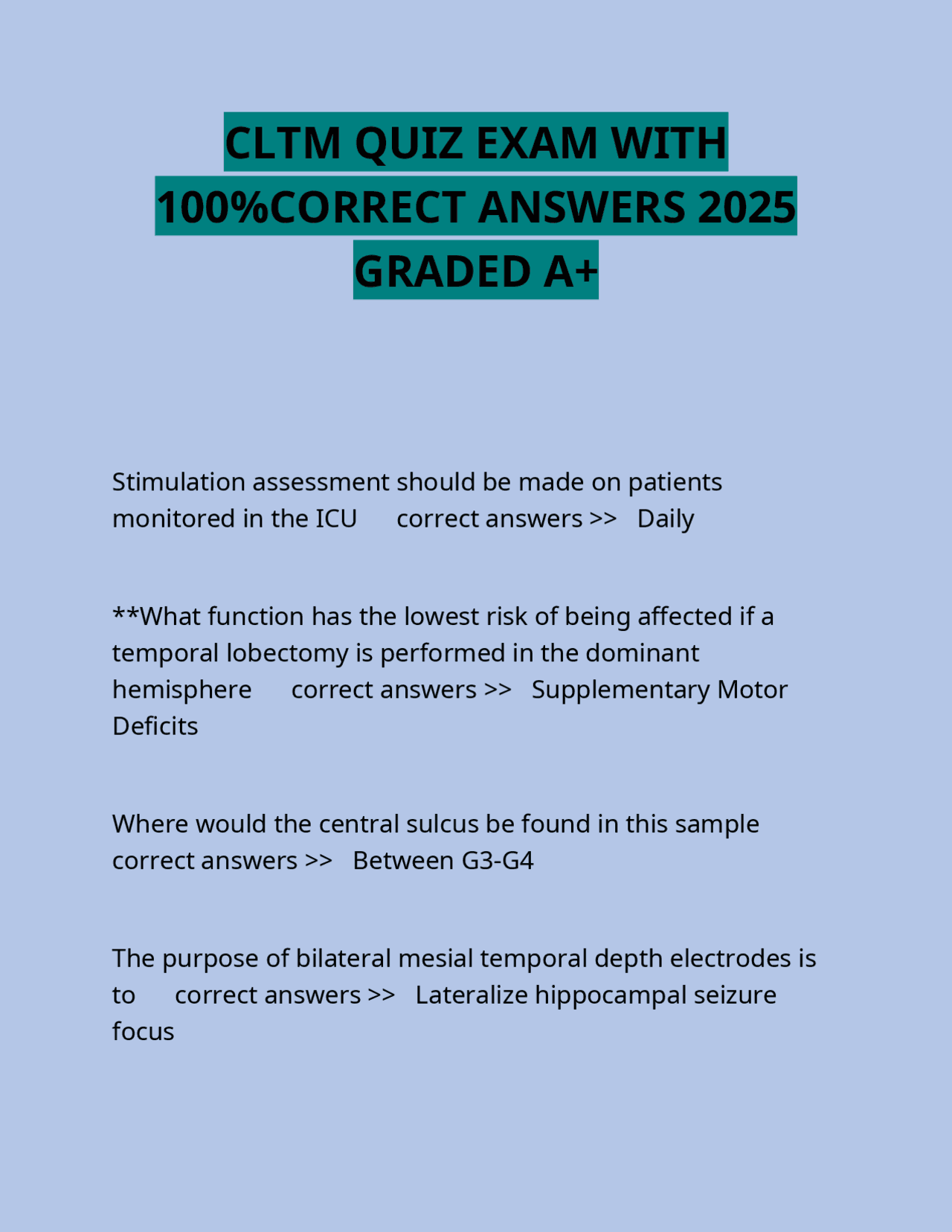CLTM QUIZ EXAM WITH 100%CORRECT ANSWERS 2025 GRADED A+ | Exams Nursing ...