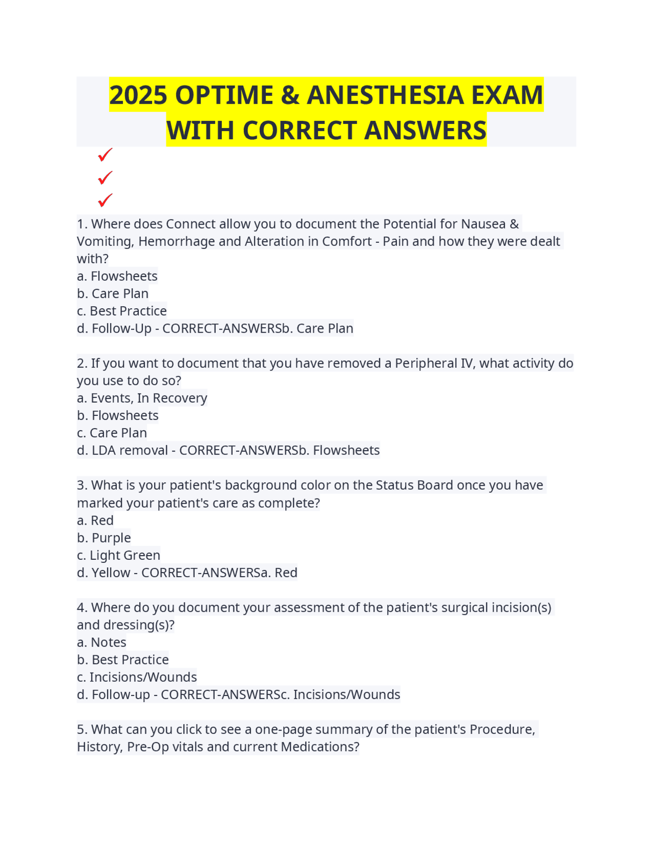2025 OPTIME & ANESTHESIA EXAM WITH CORRECT ANSWERS | Exams Advanced ...