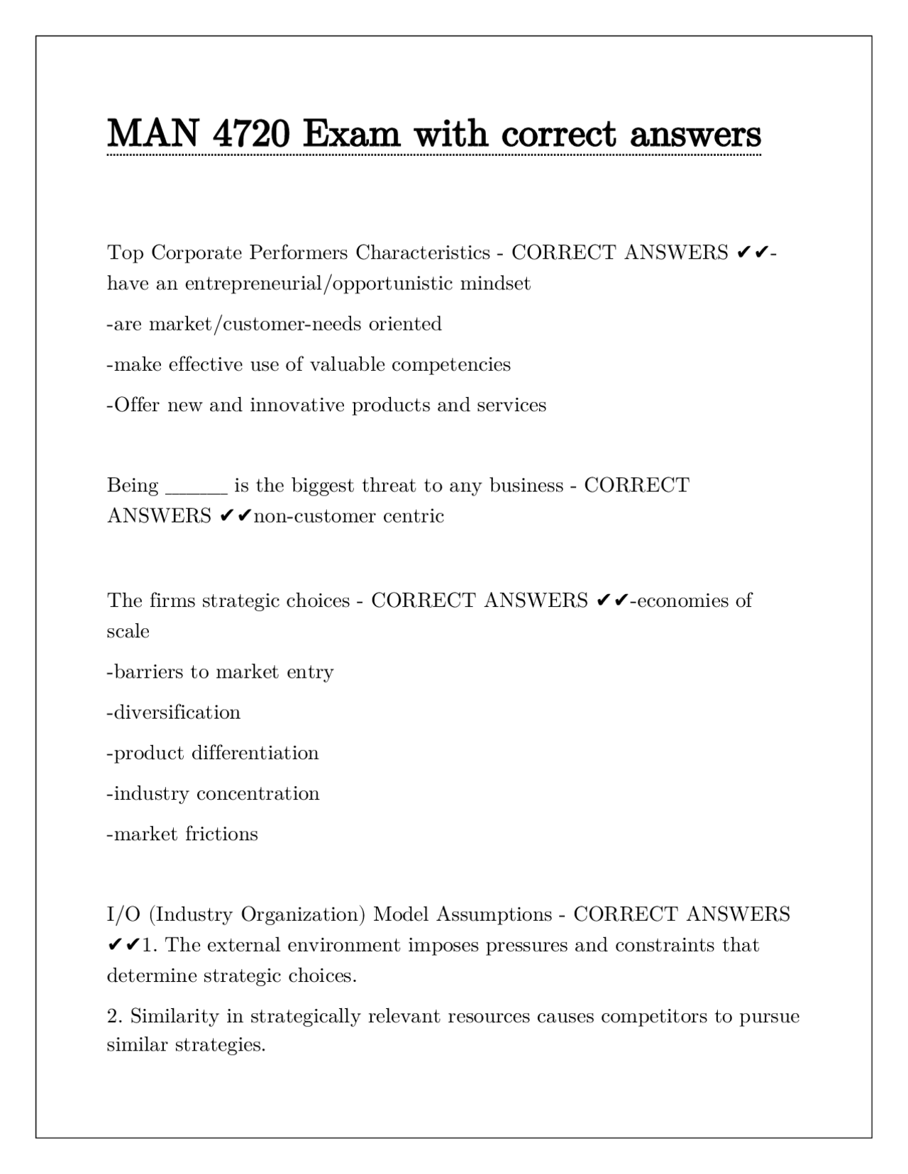 MAN 4720 Exam with correct answers | Exams Strategic Management | Docsity