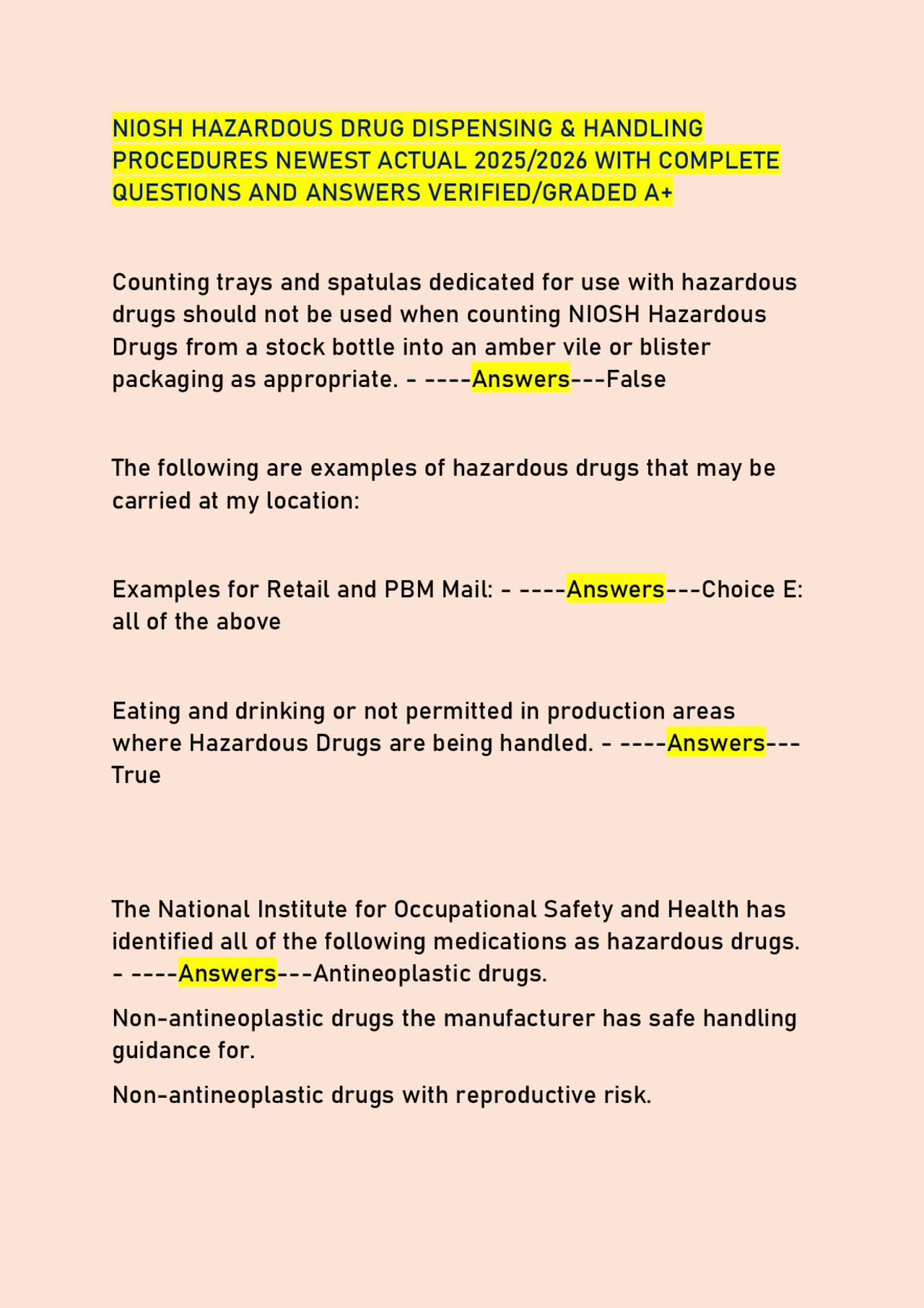 NIOSH HAZARDOUS DRUG DISPENSING & HANDLING PROCEDURES NEWEST ACTUAL ...