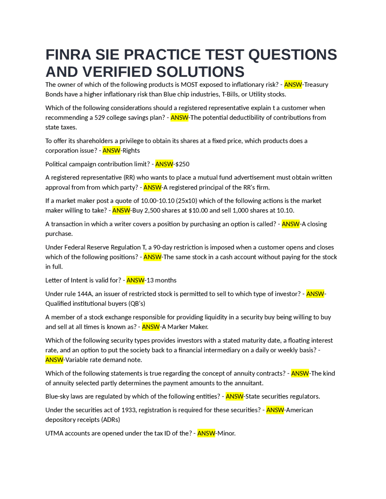 FINRA SIE PRACTICE TEST QUESTIONS AND VERIFIED SOLUTIONS | Exams ...
