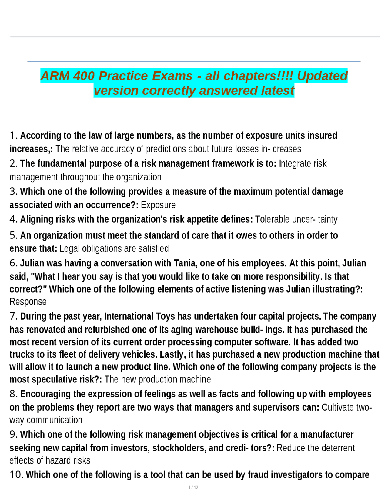 Risk Management Practice Exam: Key Concepts and Applications | Exams ...