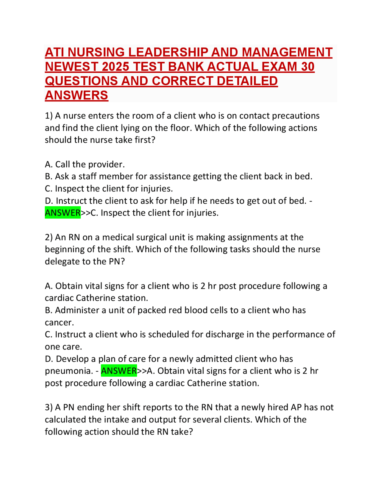 ATI NURSING LEADERSHIP AND MANAGEMENT NEWEST 2025 TEST BANK ACTUAL EXAM ...