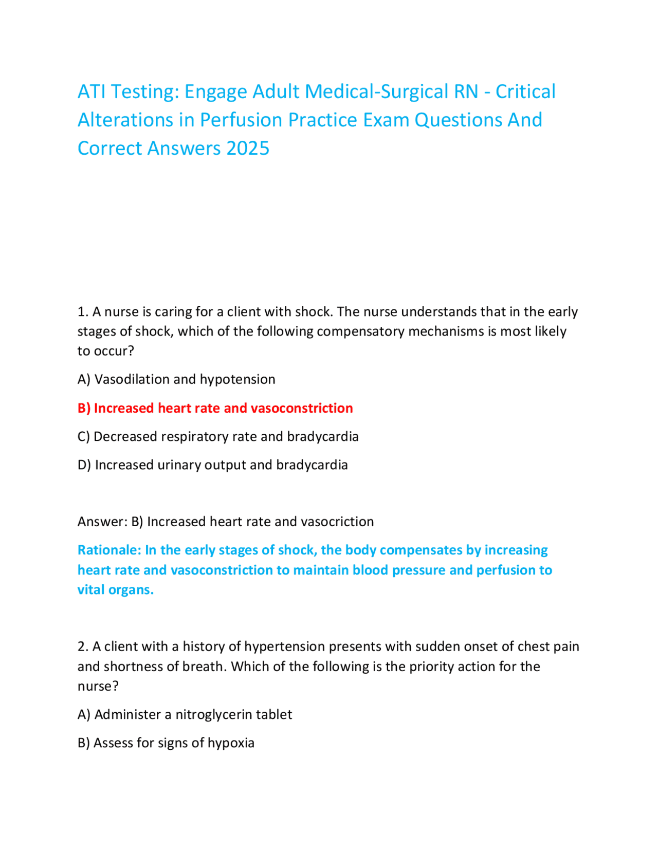 Critical Alterations in Perfusion: RN Practice Exam | Quizzes Nursing ...