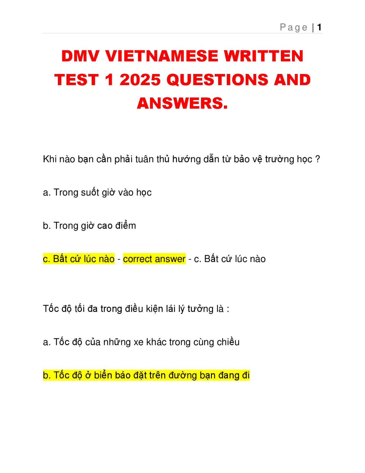 DMV VIETNAMESE WRITTEN TEST 1 2025 QUESTIONS AND ANSWERS. | Exams ...
