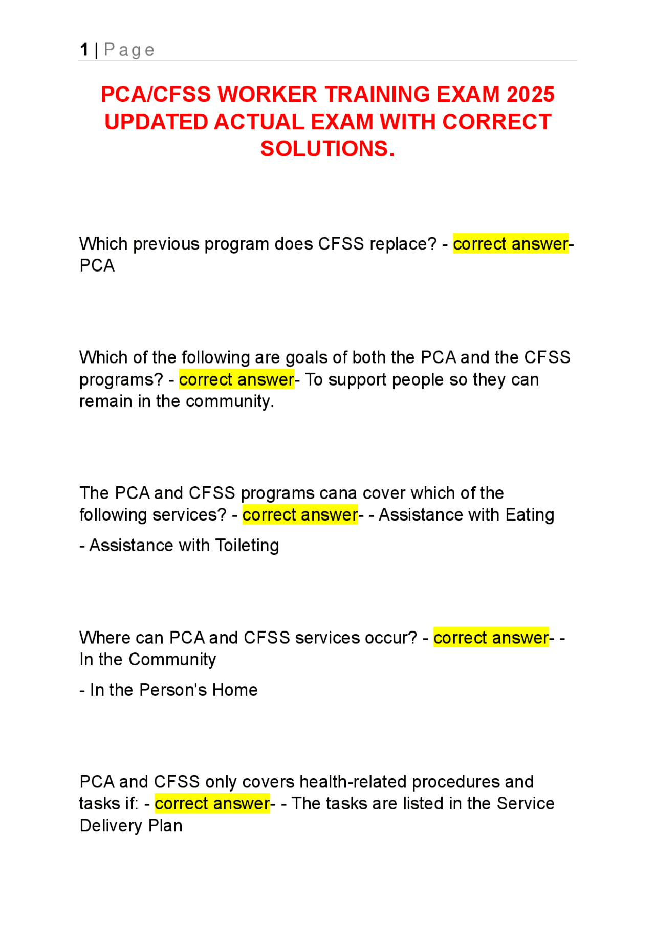 PCA/CFSS WORKER TRAINING EXAM 2025 UPDATED ACTUAL EXAM WITH CORRECT ...