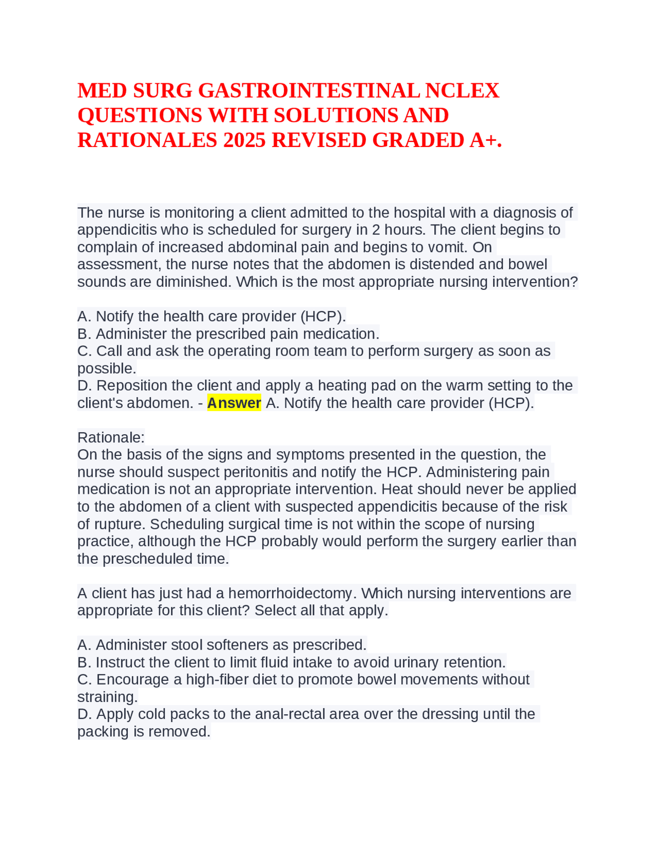 MED SURG GASTROINTESTINAL NCLEX QUESTIONS WITH SOLUTIONS AND RATIONALES ...