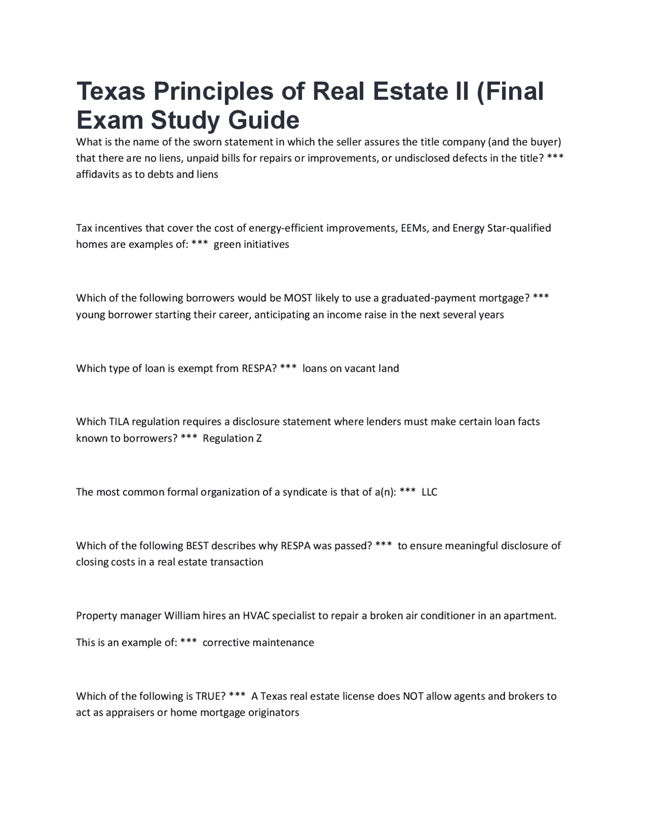 Texas Principles of Real Estate II (Final Exam Study Guide) 60 ...