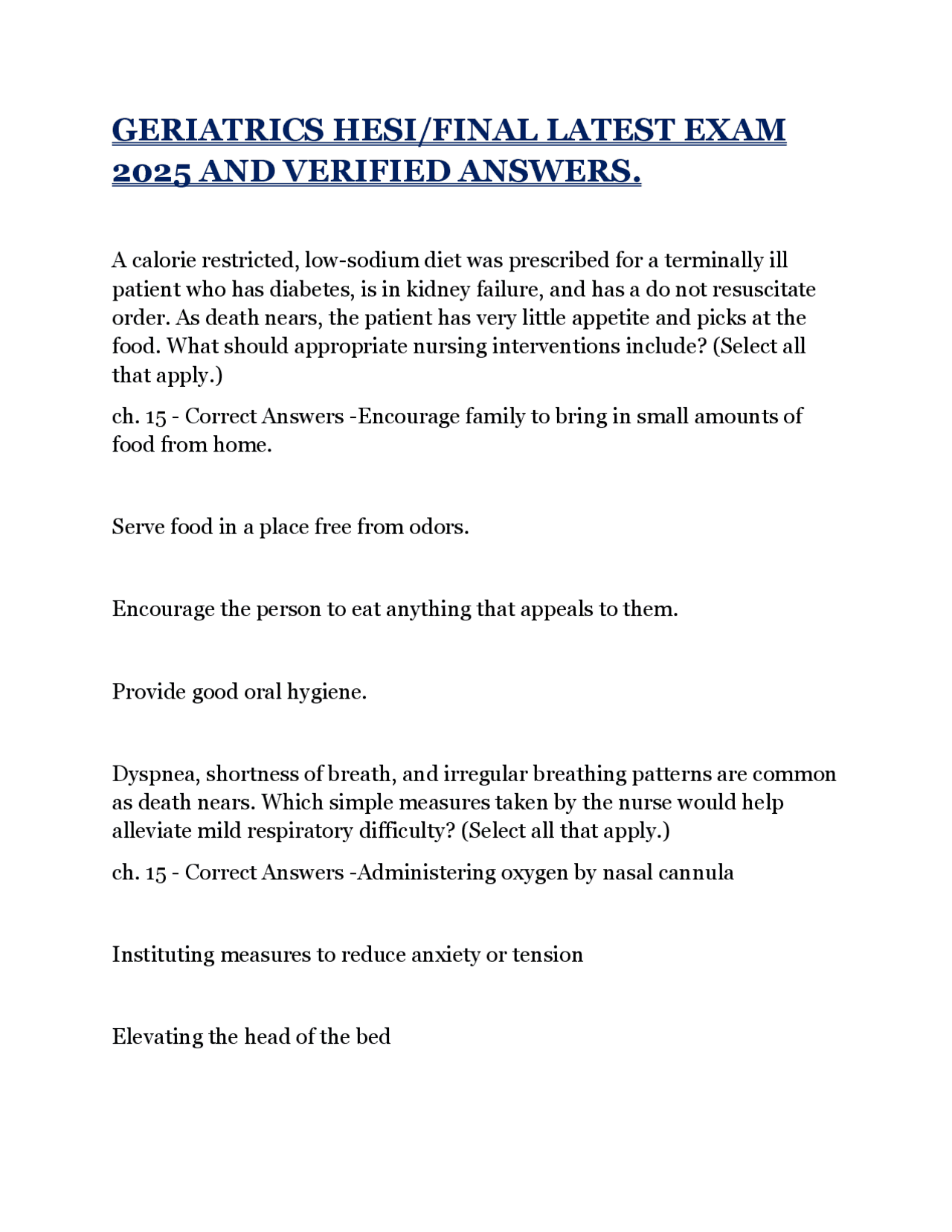 GERIATRICS HESI/FINAL LATEST EXAM 2025 AND VERIFIED ANSWERS. | Exams ...