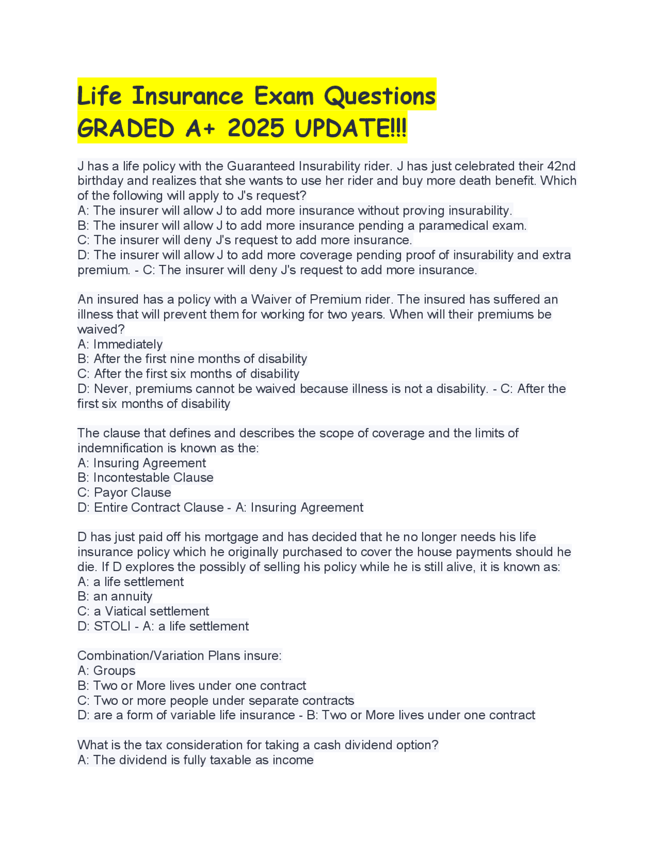 Life Insurance Exam Questions – 2025 Update – Graded A+ – Full Practice ...