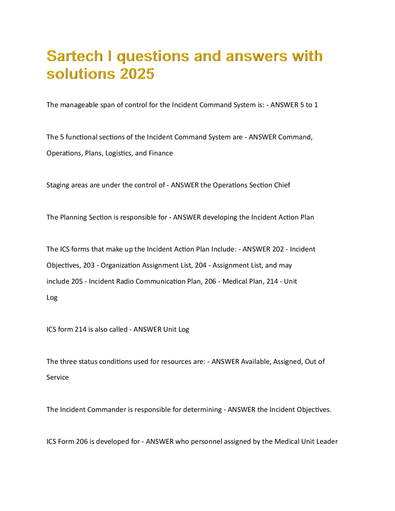 Sartech I questions and answers with solutions 2025 | Exams Advanced ...