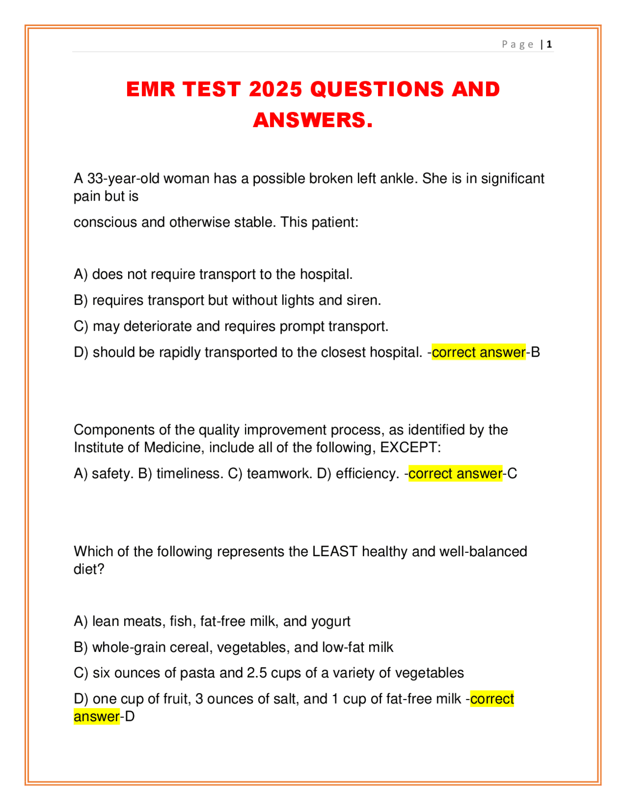 EMR TEST 2025 QUESTIONS AND ANSWERS. | Exams Nursing | Docsity