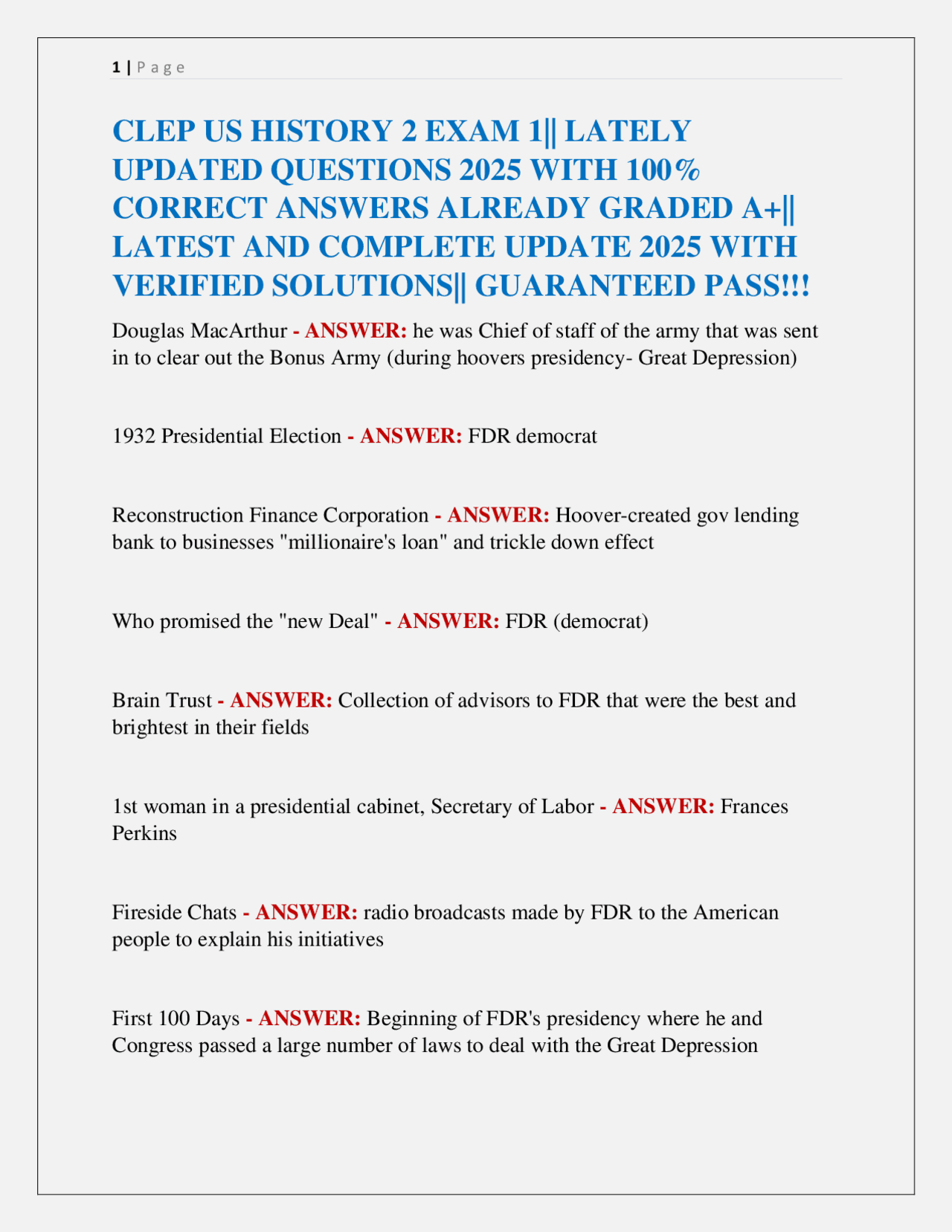 CLEP US HISTORY 2 EXAM 1|| LATELY UPDATED QUESTIONS 2025 WITH 100% ...
