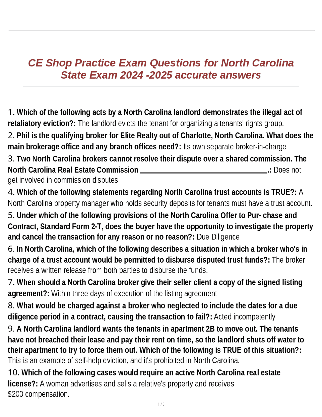 CE Shop Practice Exam Questions for North Carolina State Exam 2024 ...