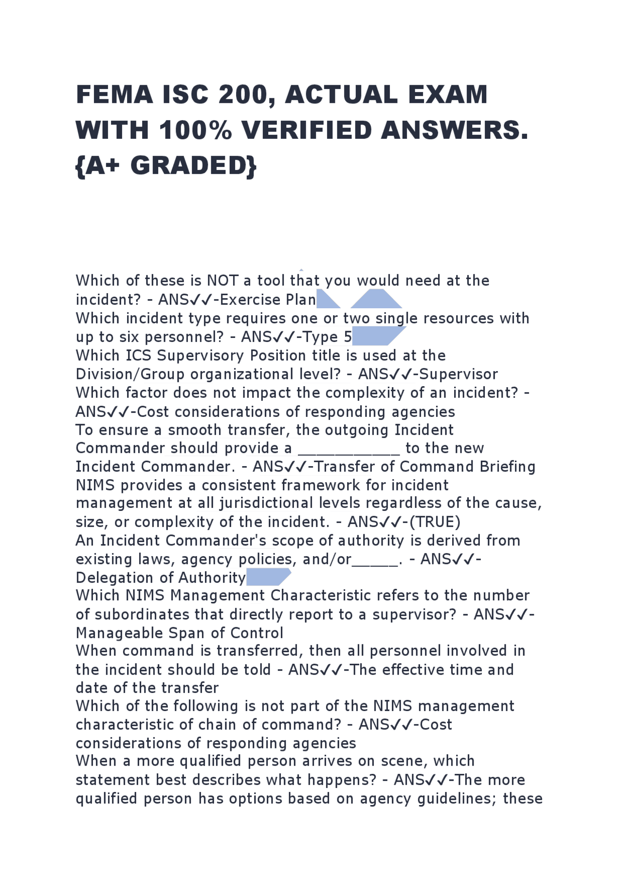 FEMA ISC 200 Exam Q&A: Incident Command System (ICS) Study Guide ...