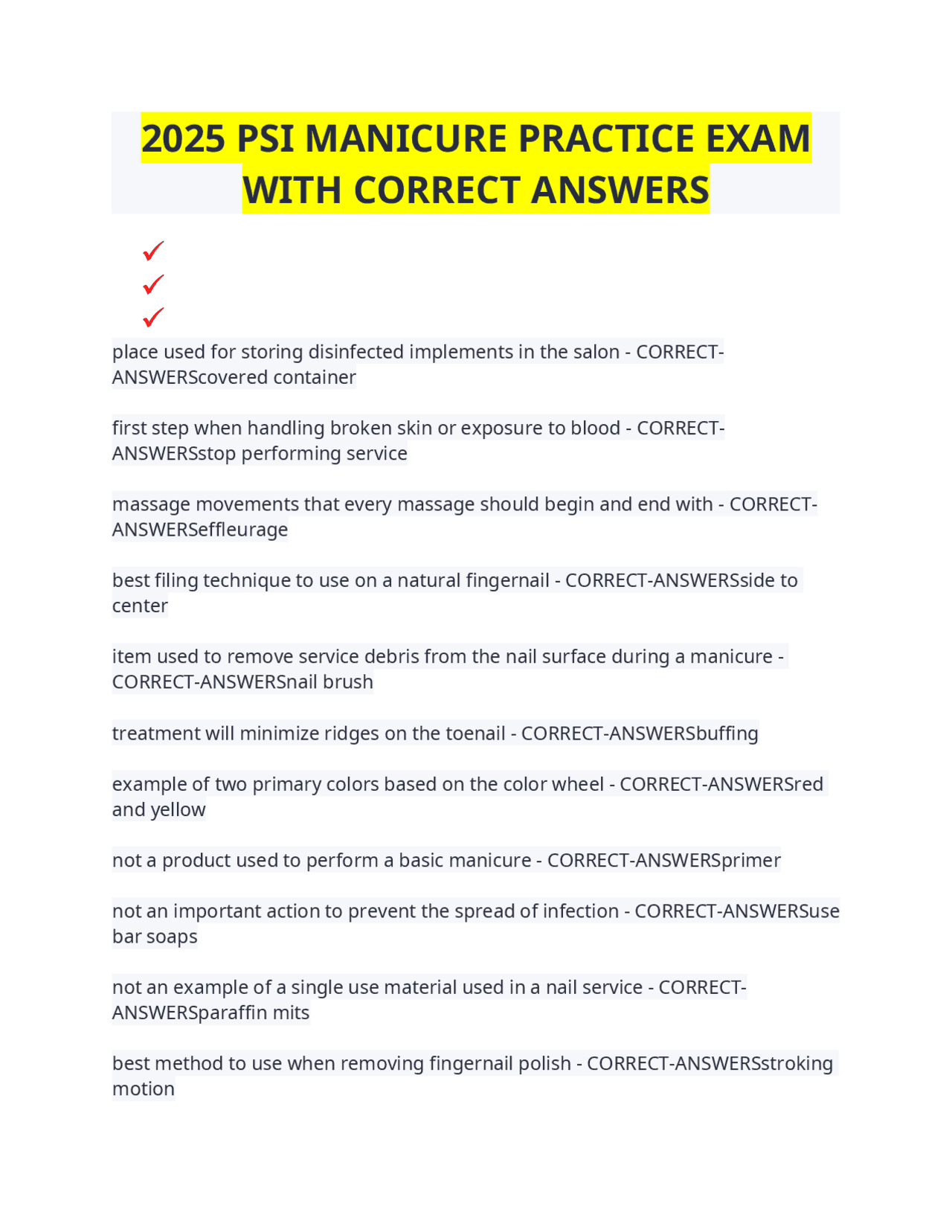 2025 PSI MANICURE PRACTICE EXAM WITH CORRECT ANSWERS | Exams Advanced ...