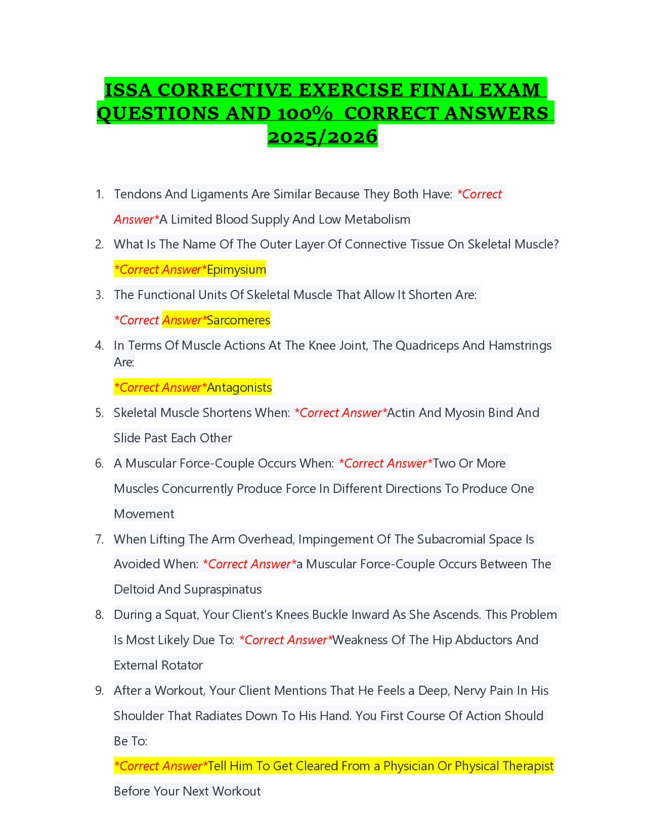 ISSA CORRECTIVE EXERCISE FINAL EXAM QUESTIONS AND ANSWERS 2025 | Exams ...