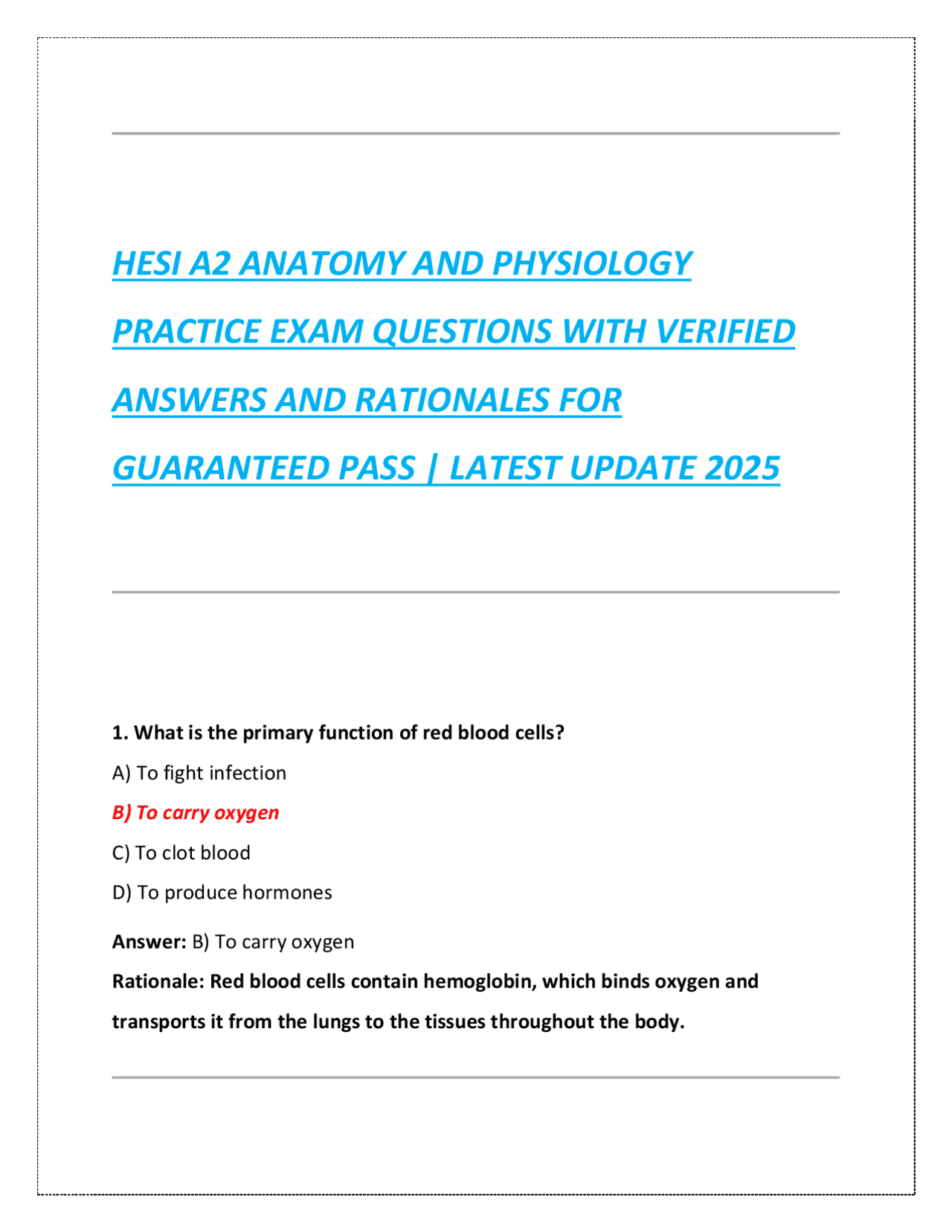 HESI A2 ANATOMY AND PHYSIOLOGY PRACTICE EXAM QUESTIONS WITH VERIFIED ...