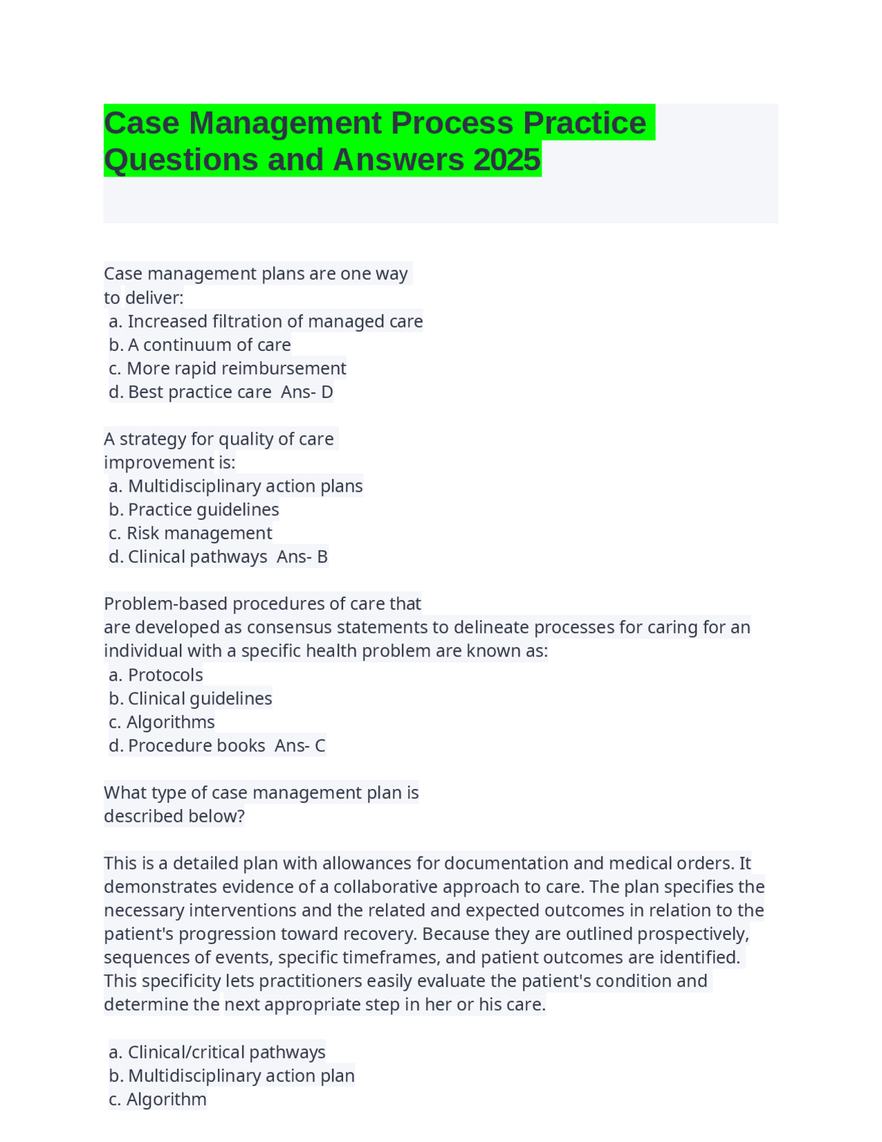 Case Management Process Practice Questions and Answers 2025 | Exams ...