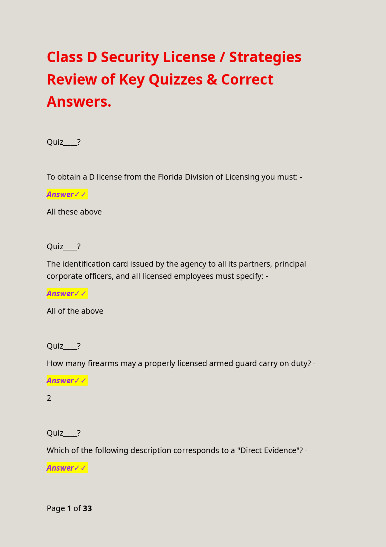 Florida Class D Security License Exam Prep: Key Quizzes and Answers ...