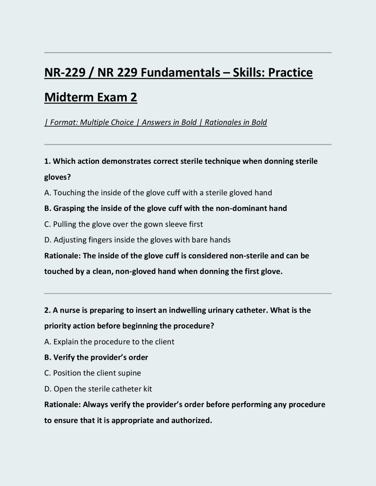 NR-229 / NR 229 Fundamentals – Skills: Practice Midterm Exam 2 | Format: Multiple Choice | Exams ...
