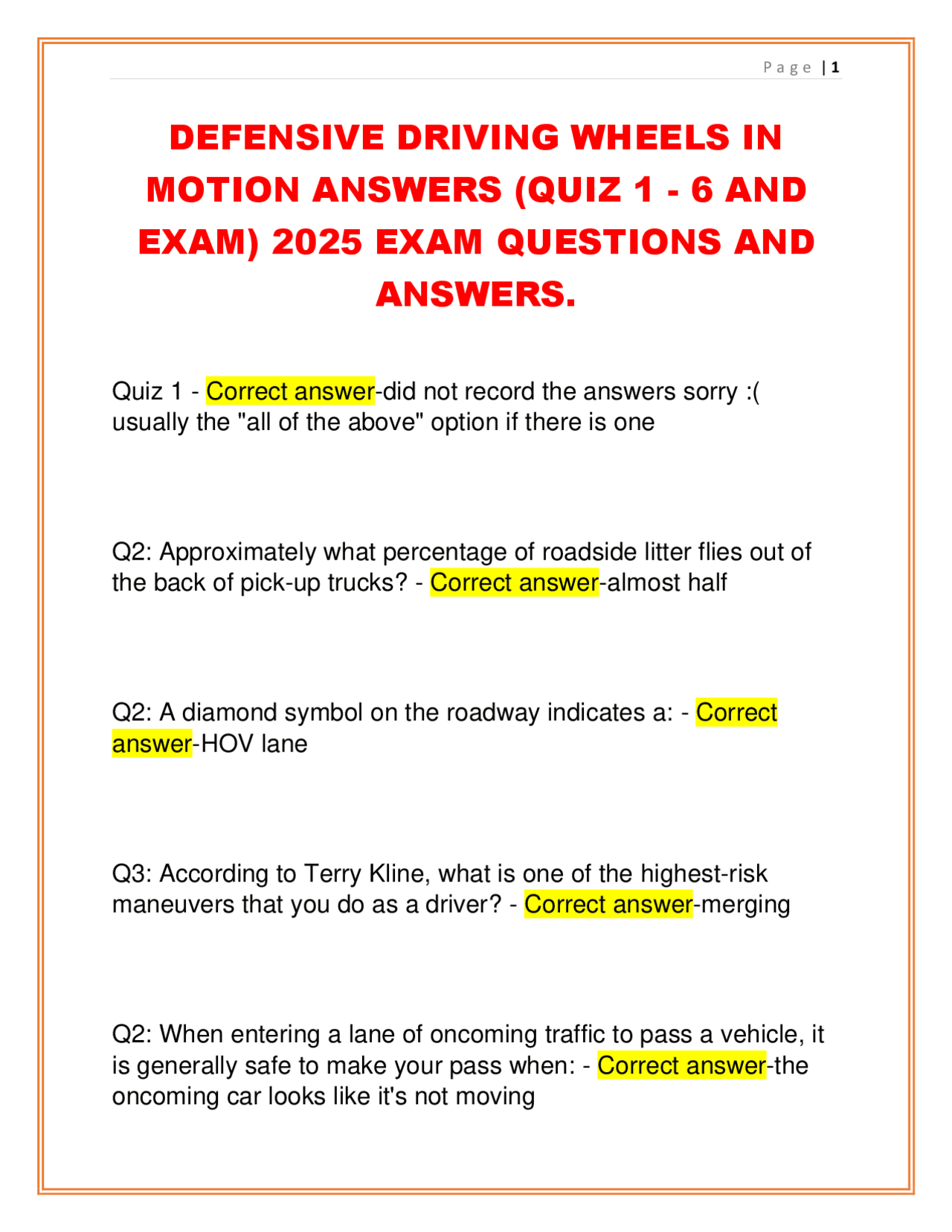 DEFENSIVE DRIVING WHEELS IN MOTION ANSWERS (QUIZ 1 - 6 AND EXAM) 2025 ...