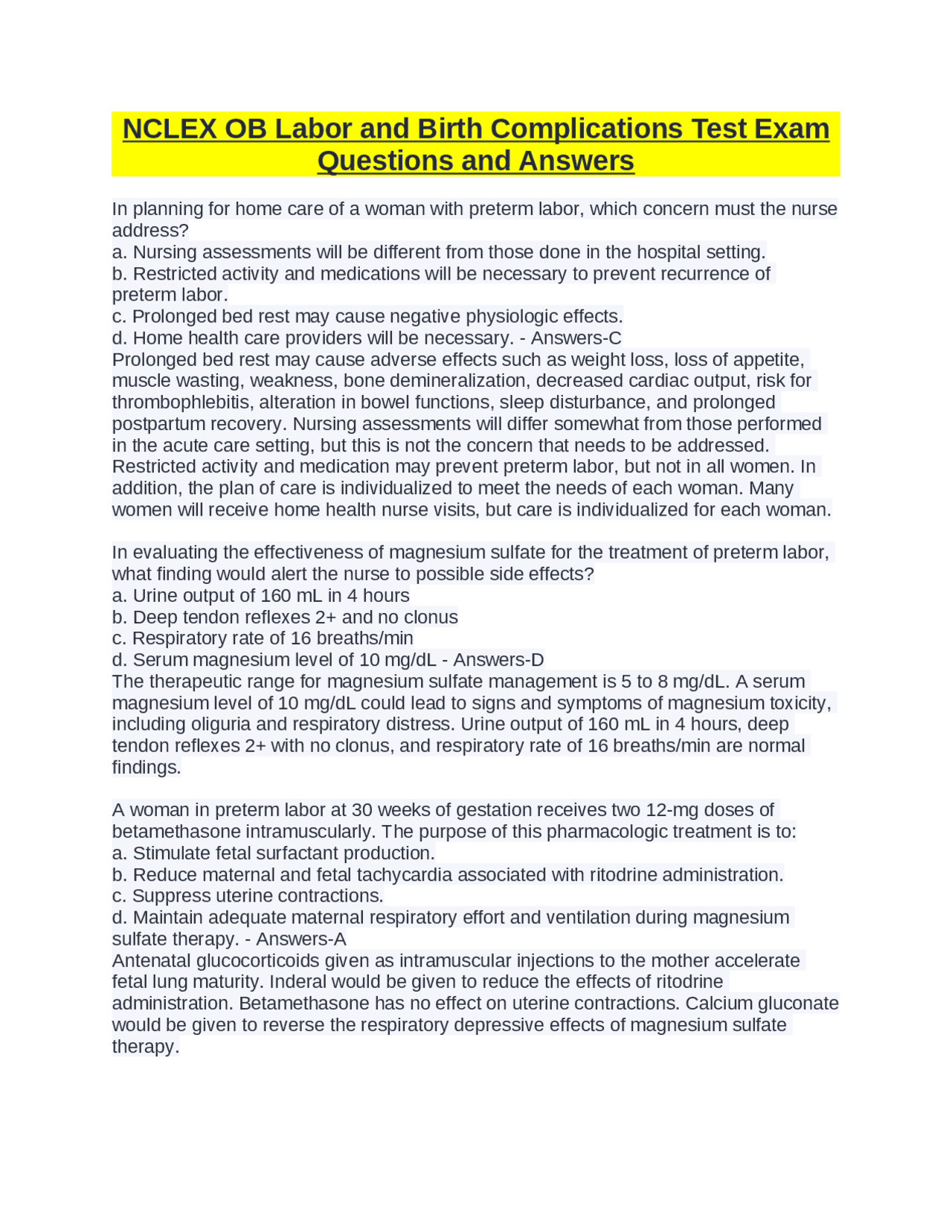 NCLEX OB Labor and Birth Complications Test Exam Questions and Answers ...