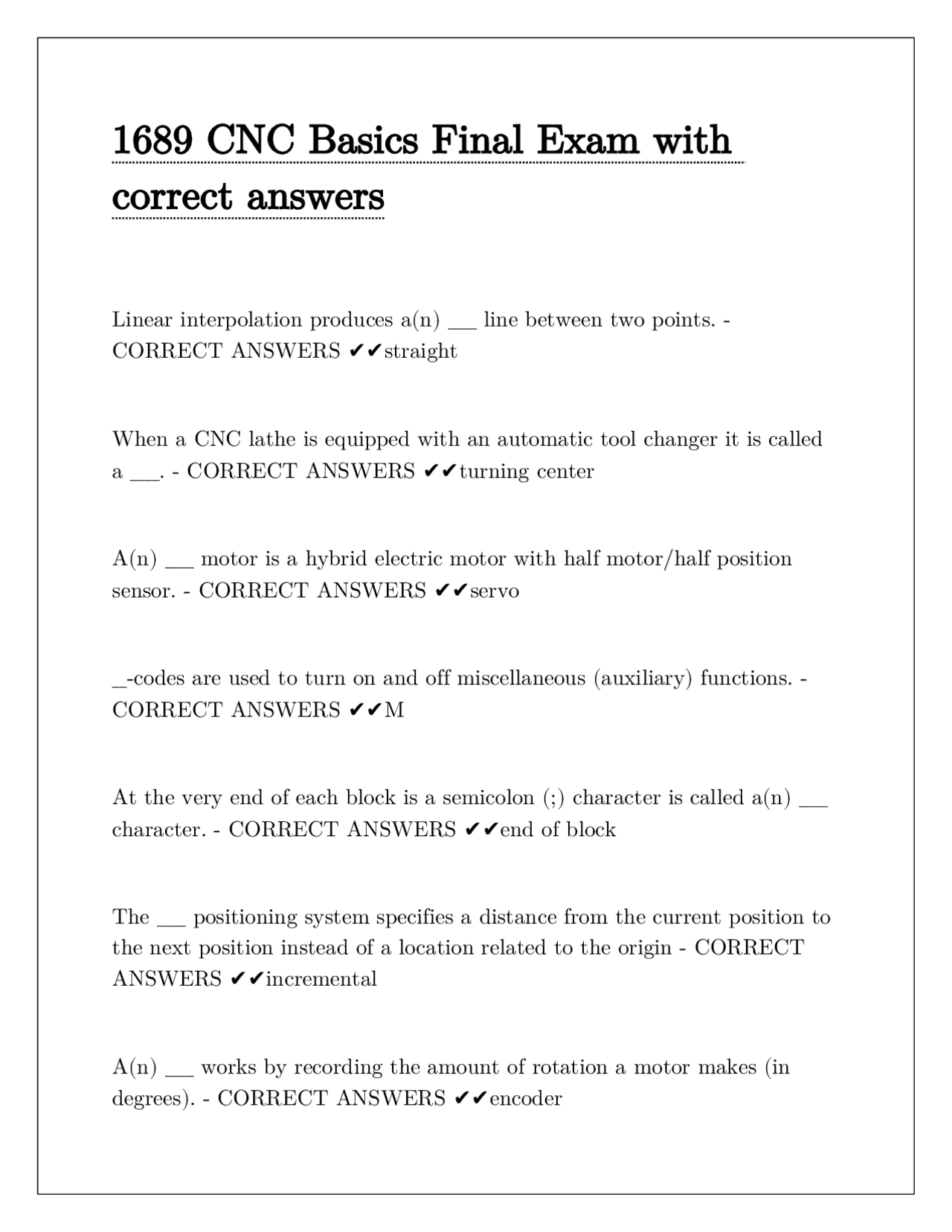 CNC Basics Final Exam with Correct Answers | Exams Engineering | Docsity