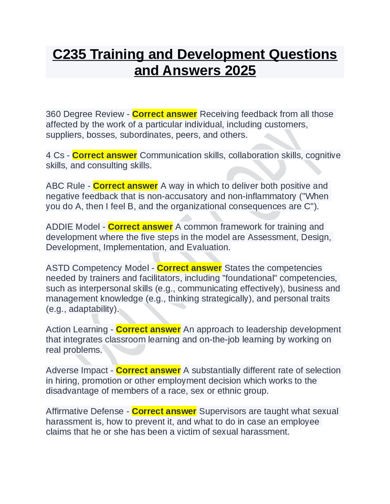 C235 Training and Development Questions and Answers 2025 | Exams ...