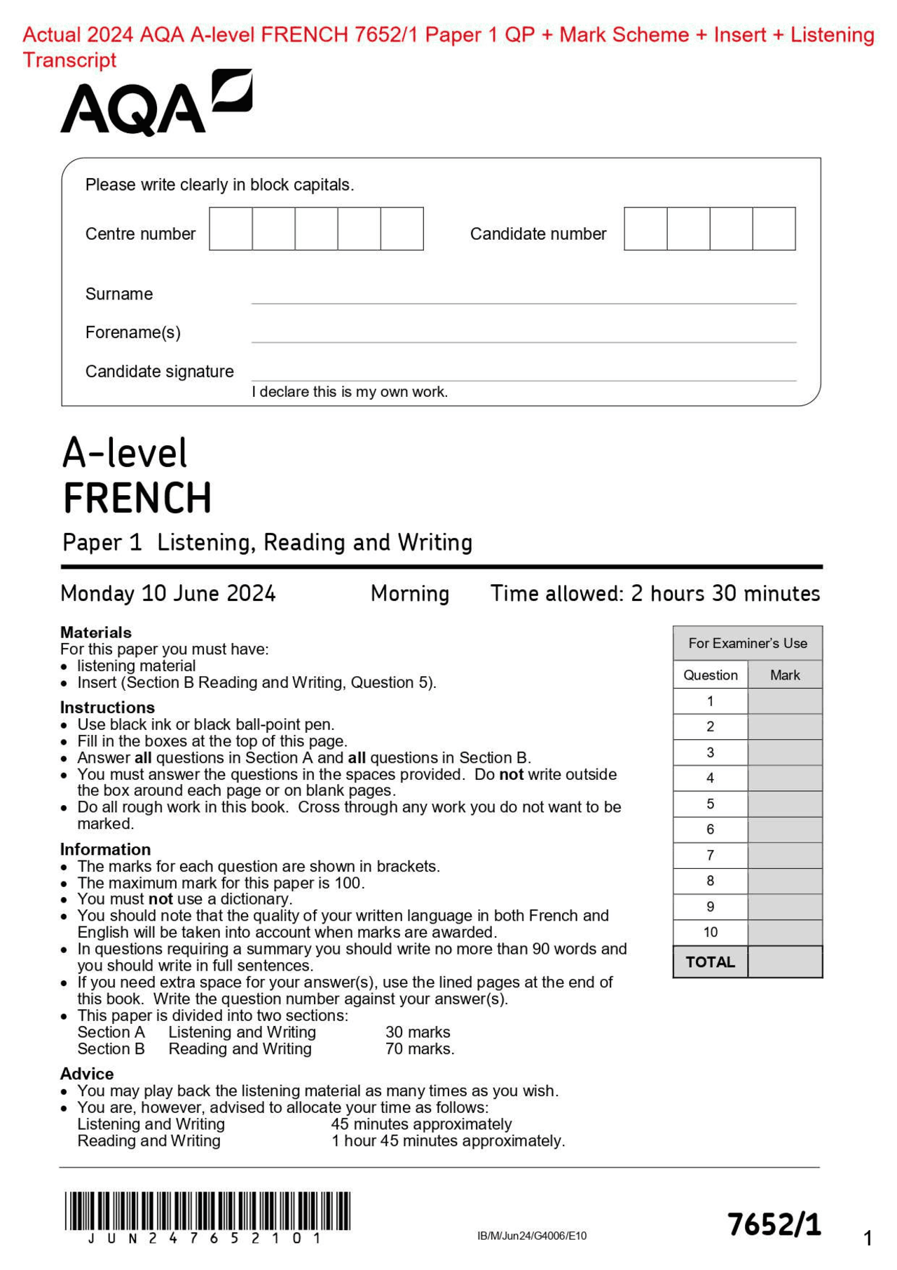 Actual 2024 AQA A-level FRENCH 7652/1 Paper 1 QP + Mark Scheme + Insert ...
