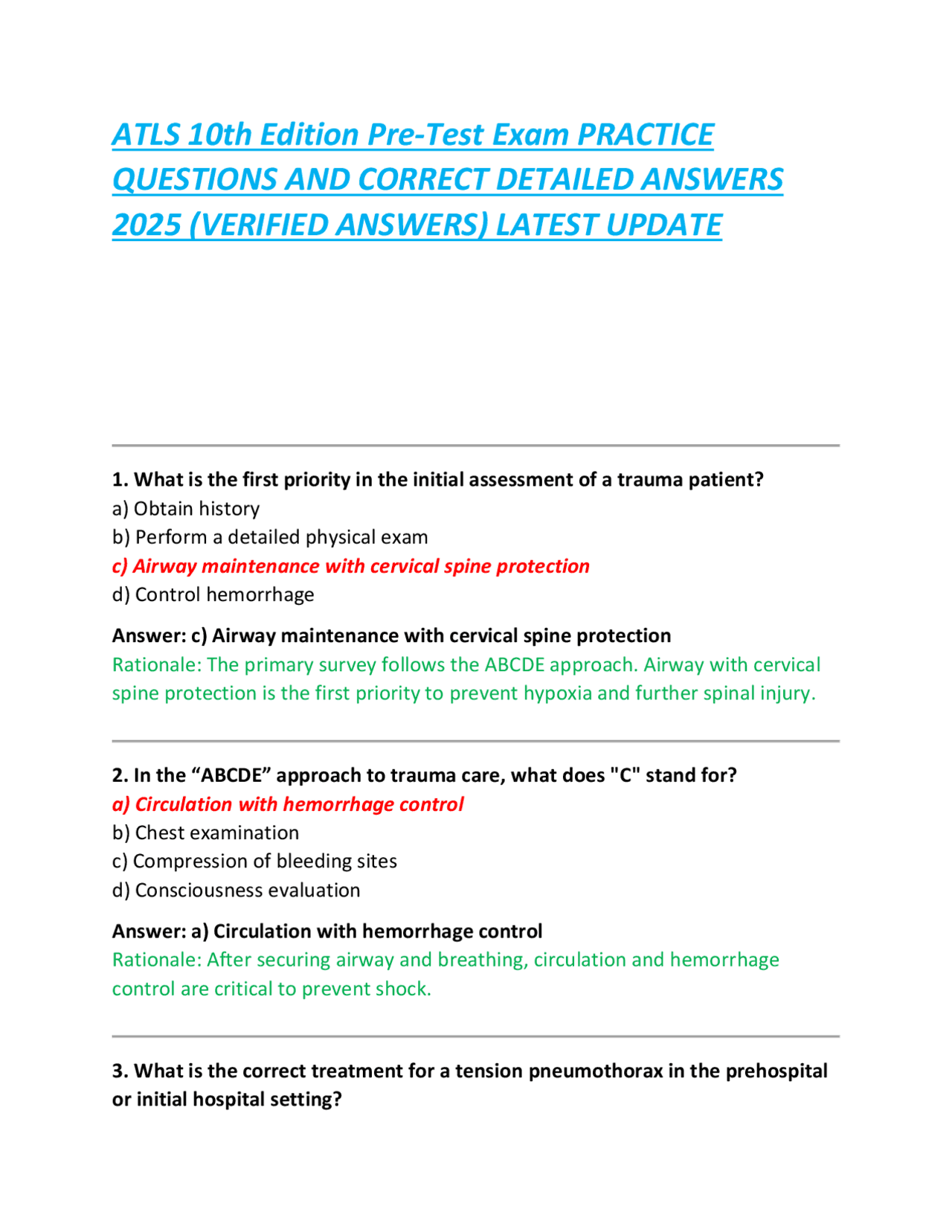 ATLS 10th Edition Pre-Test Exam PRACTICE QUESTIONS AND CORRECT DETAILED ...