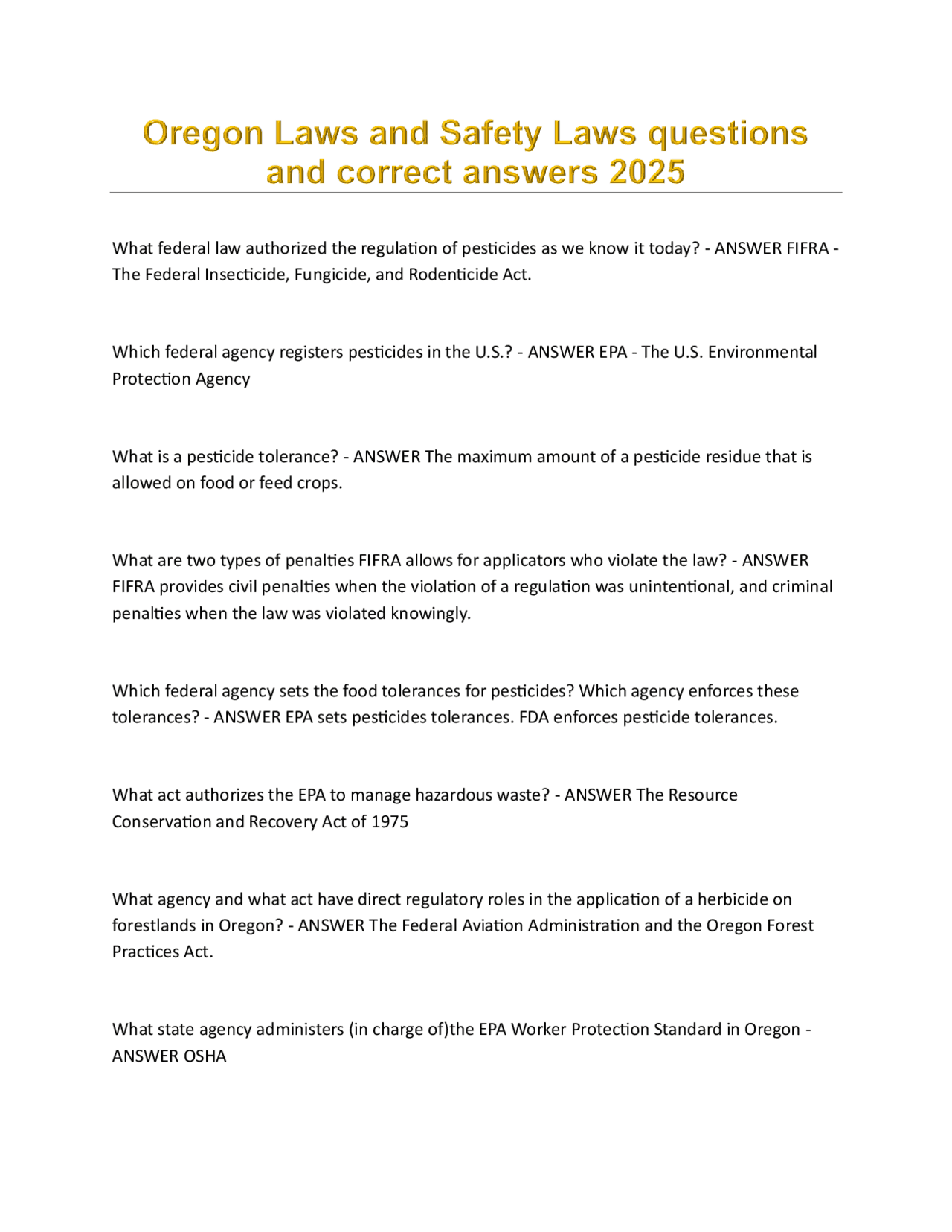 Oregon Laws and Safety Laws questions and correct answers 2025 | Exams ...
