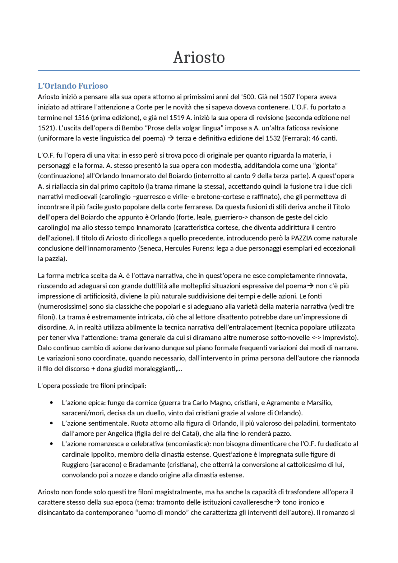 Ariosto, Orlando Furioso | Essays (high school) Italian | Docsity