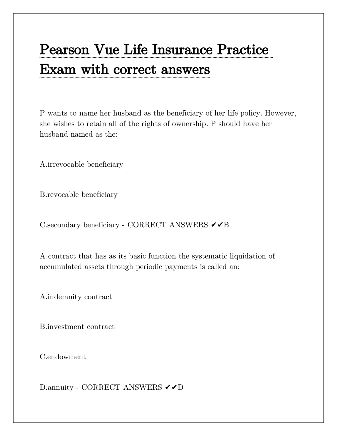 Pearson Vue Life Insurance Practice Exam with correct answers | Exams ...