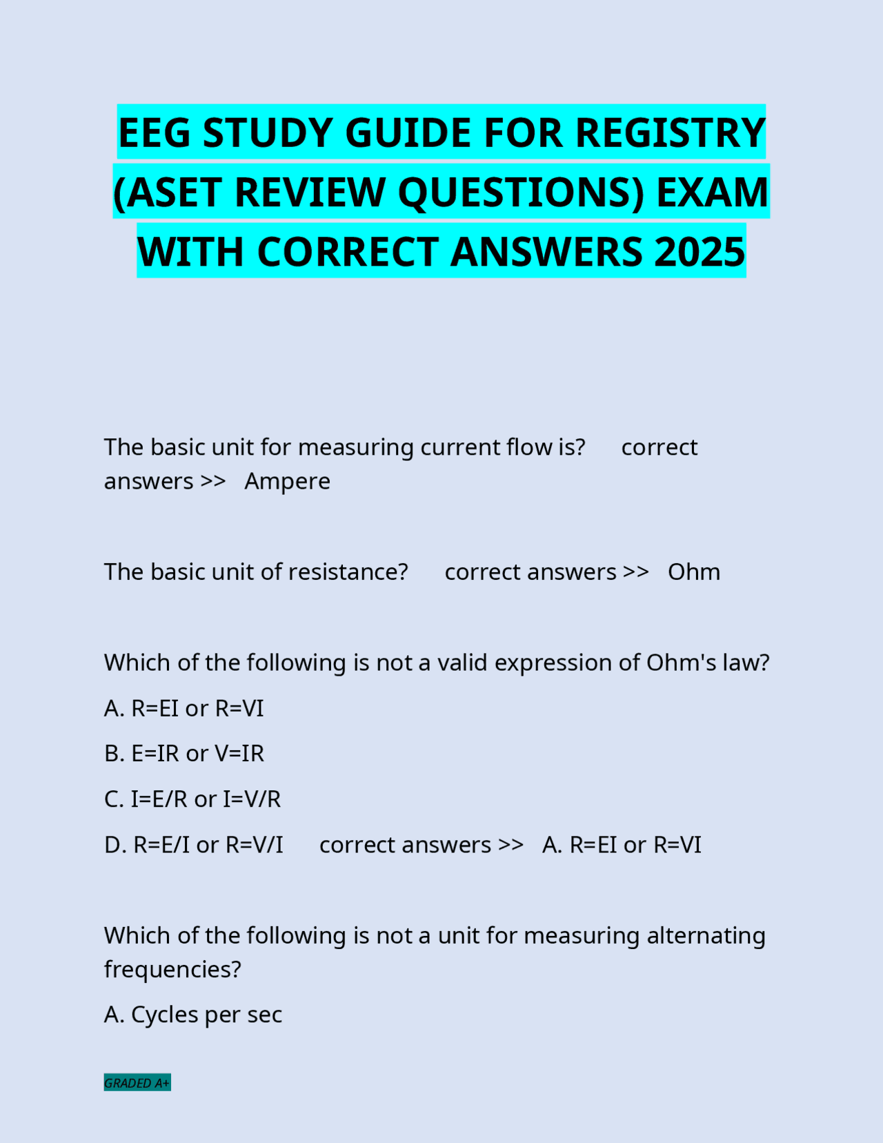 EEG Registry Exam Study Guide: ASET Review Questions and Answers ...
